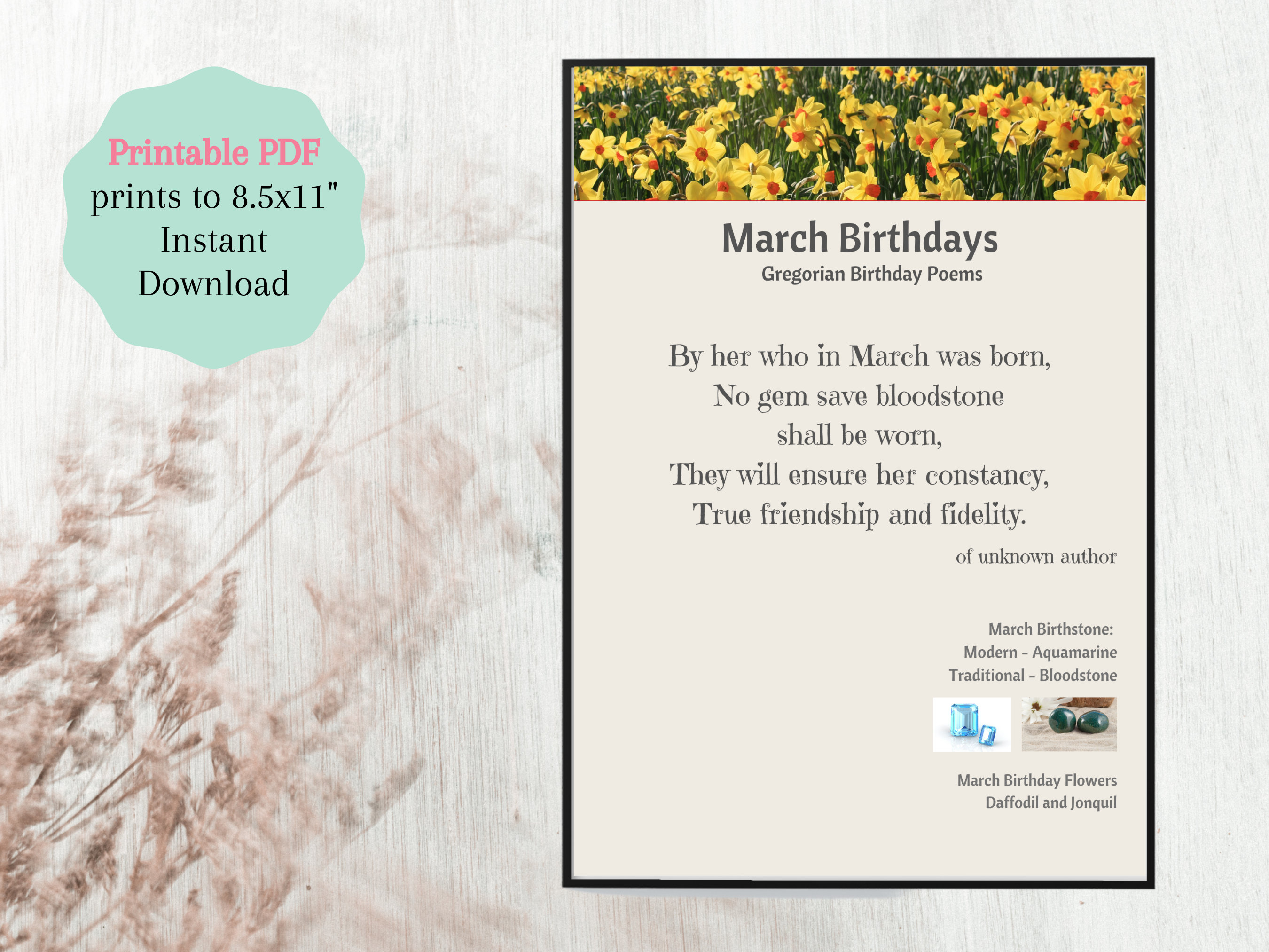 March Birth Month Flowers Birthday Gift Printable Poem Birthday ...
