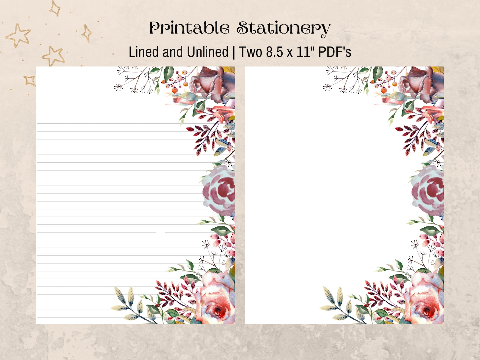 Floral Writing Paper Printable Stationery Note Pages or Journal Paper ...
