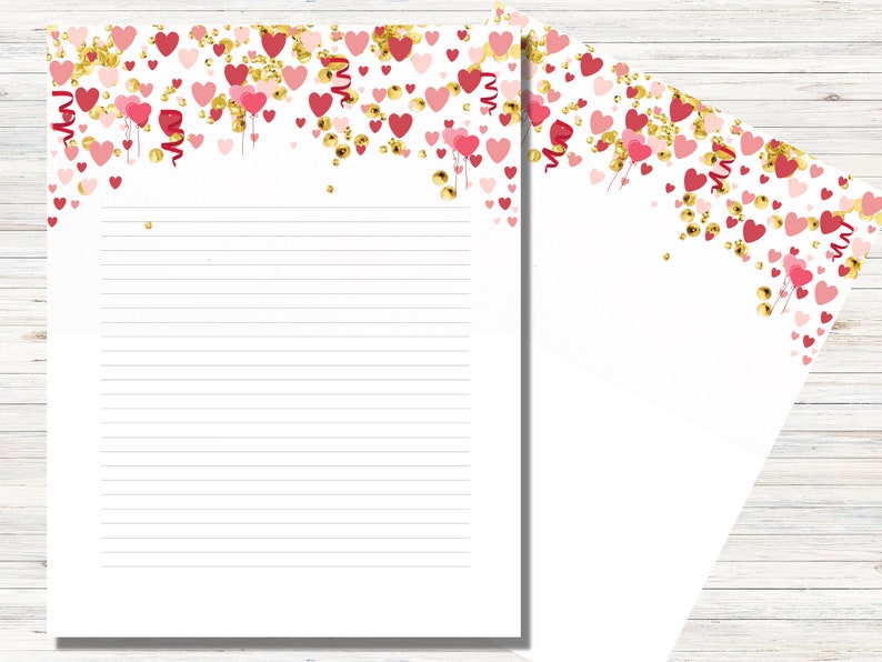 Hearts Stationery Printable Paper, Letter Writing Journal Pages, Hearts ...