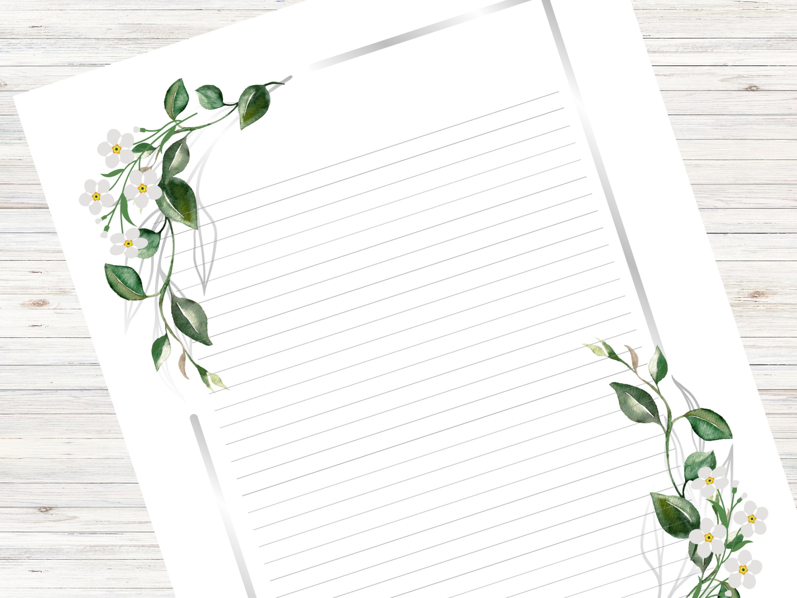 Elegant Floral Printable Writing Paper Green and Silver Frame Use for ...