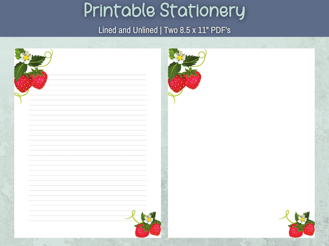 Strawberries Printable Note Paper Strawberry Stationery Lined and ...