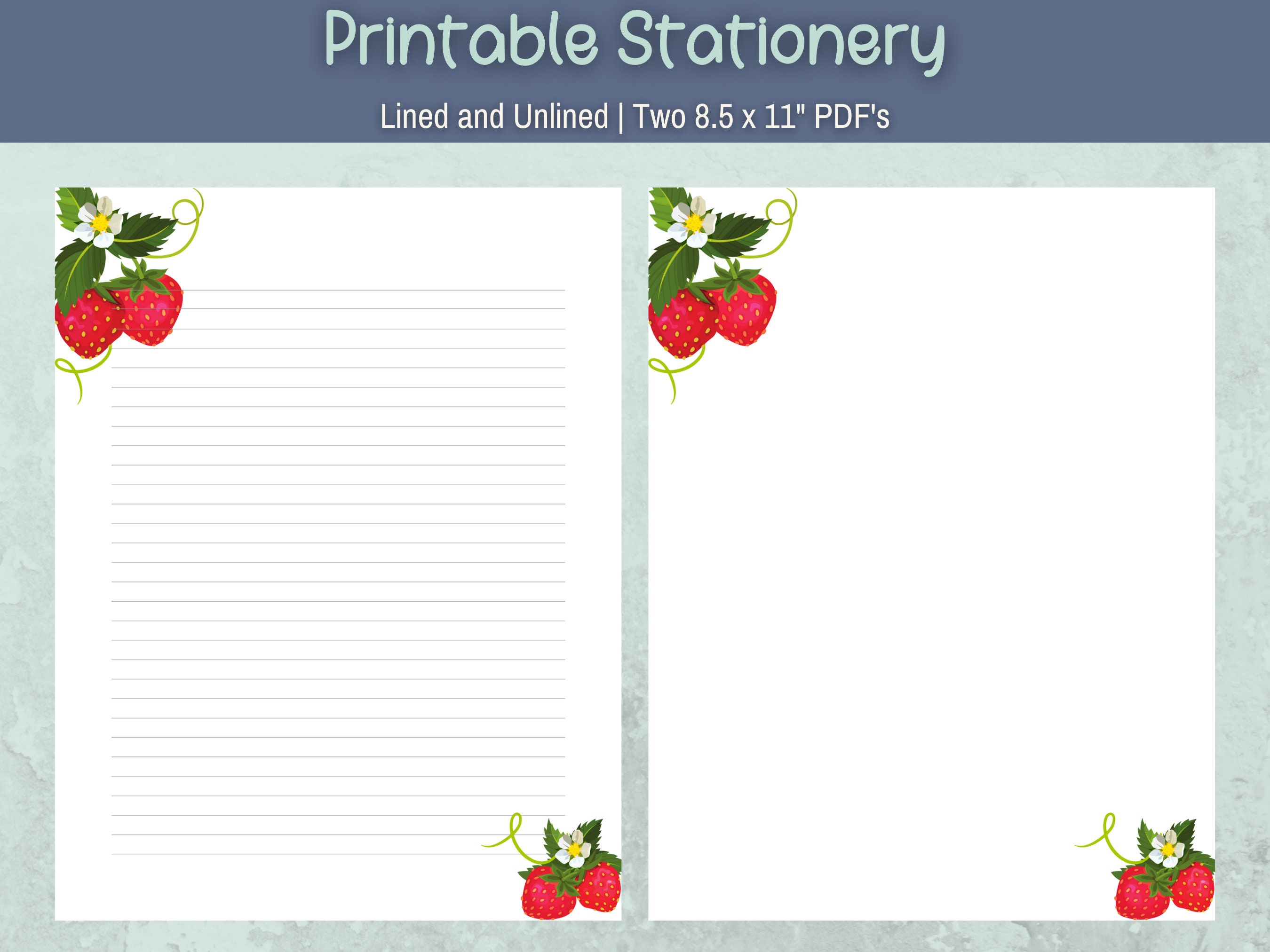 Strawberries Printable Note Paper Strawberry Stationery Lined and ...