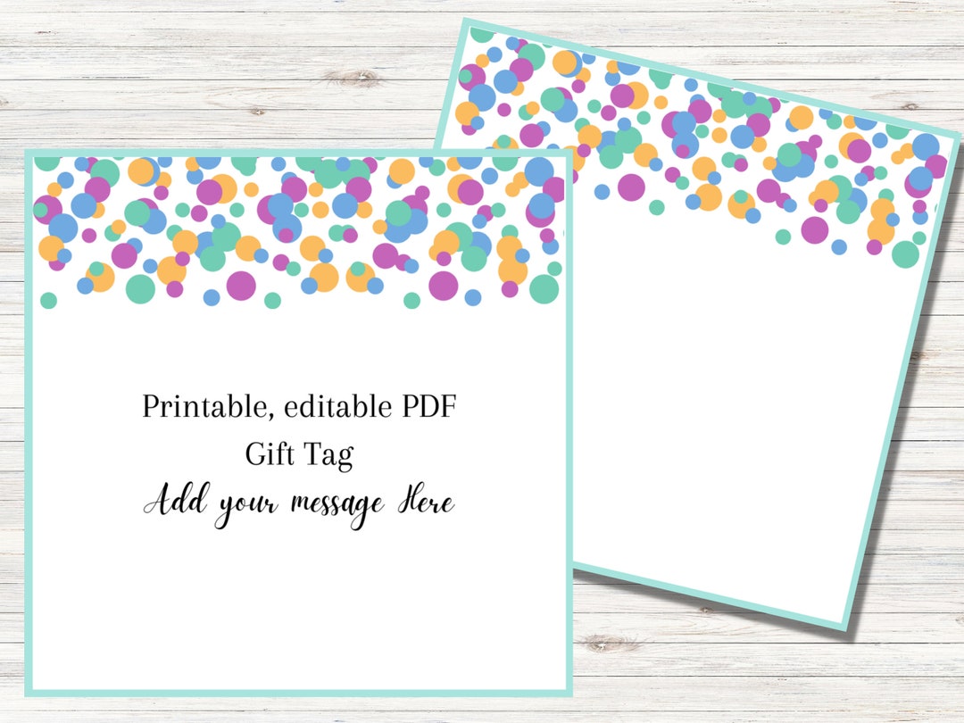 Birthday Confetti Gift Tag, Multi Color Gift Tag Favor Labels, Editable ...