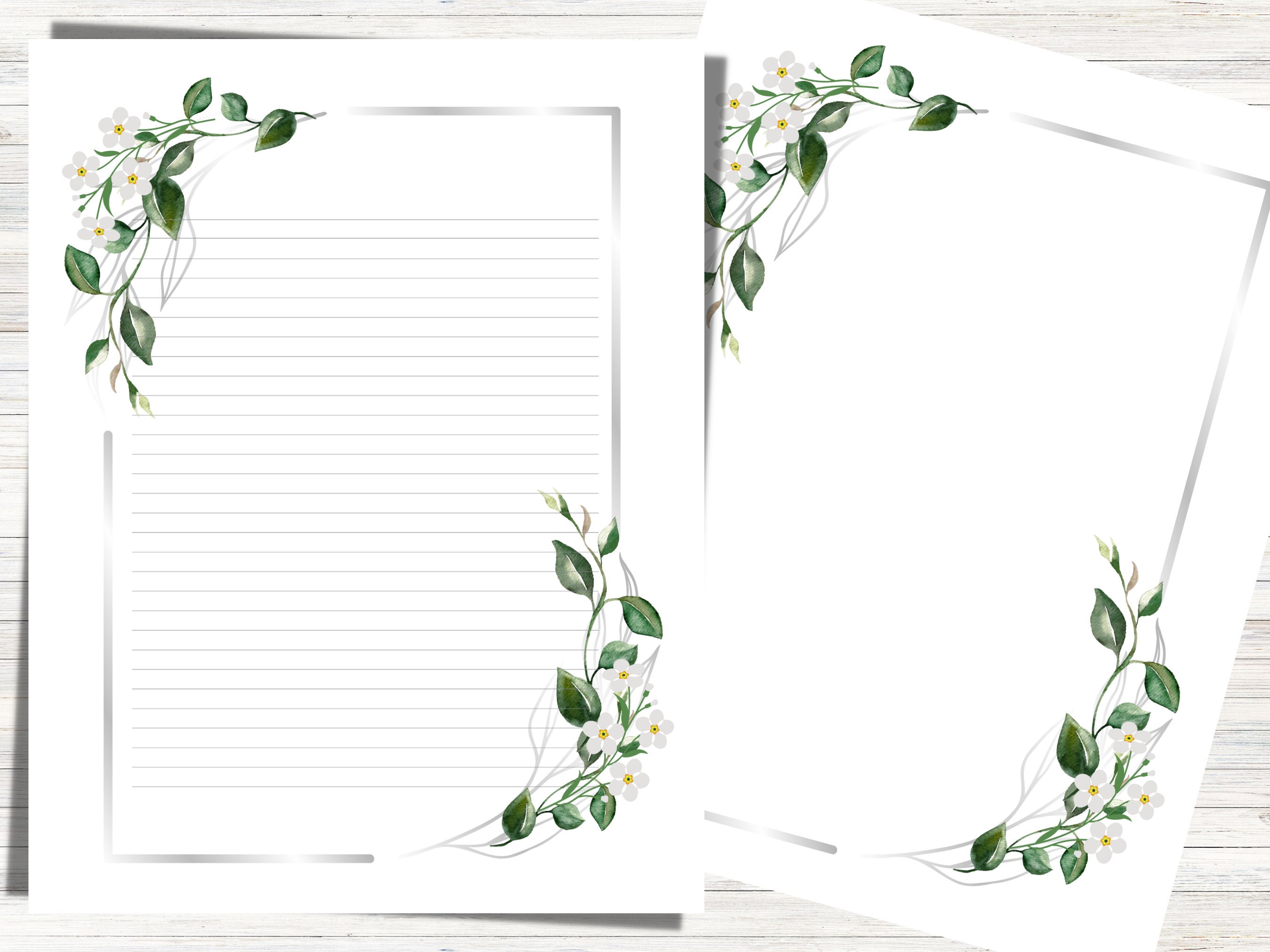 Elegant Floral Printable Writing Paper Green and Silver Frame Use for ...