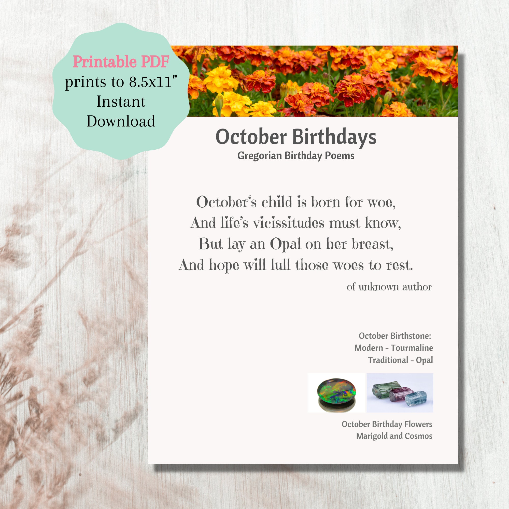 October Birth Month Flowers Printable Birthstone Poem October Birthday ...