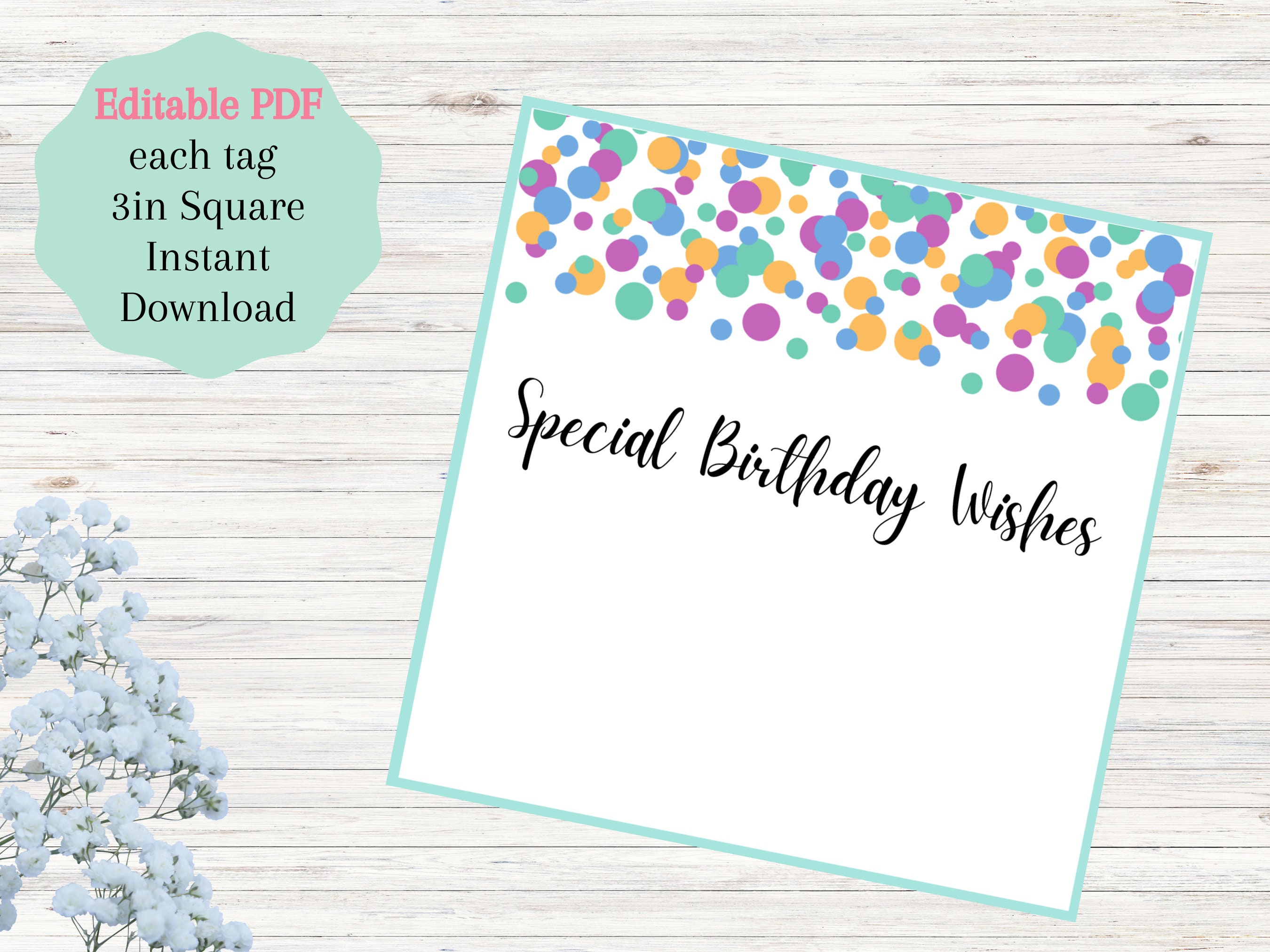 Birthday Confetti Gift Tag, Multi Color Gift Tag Favor Labels, Editable ...