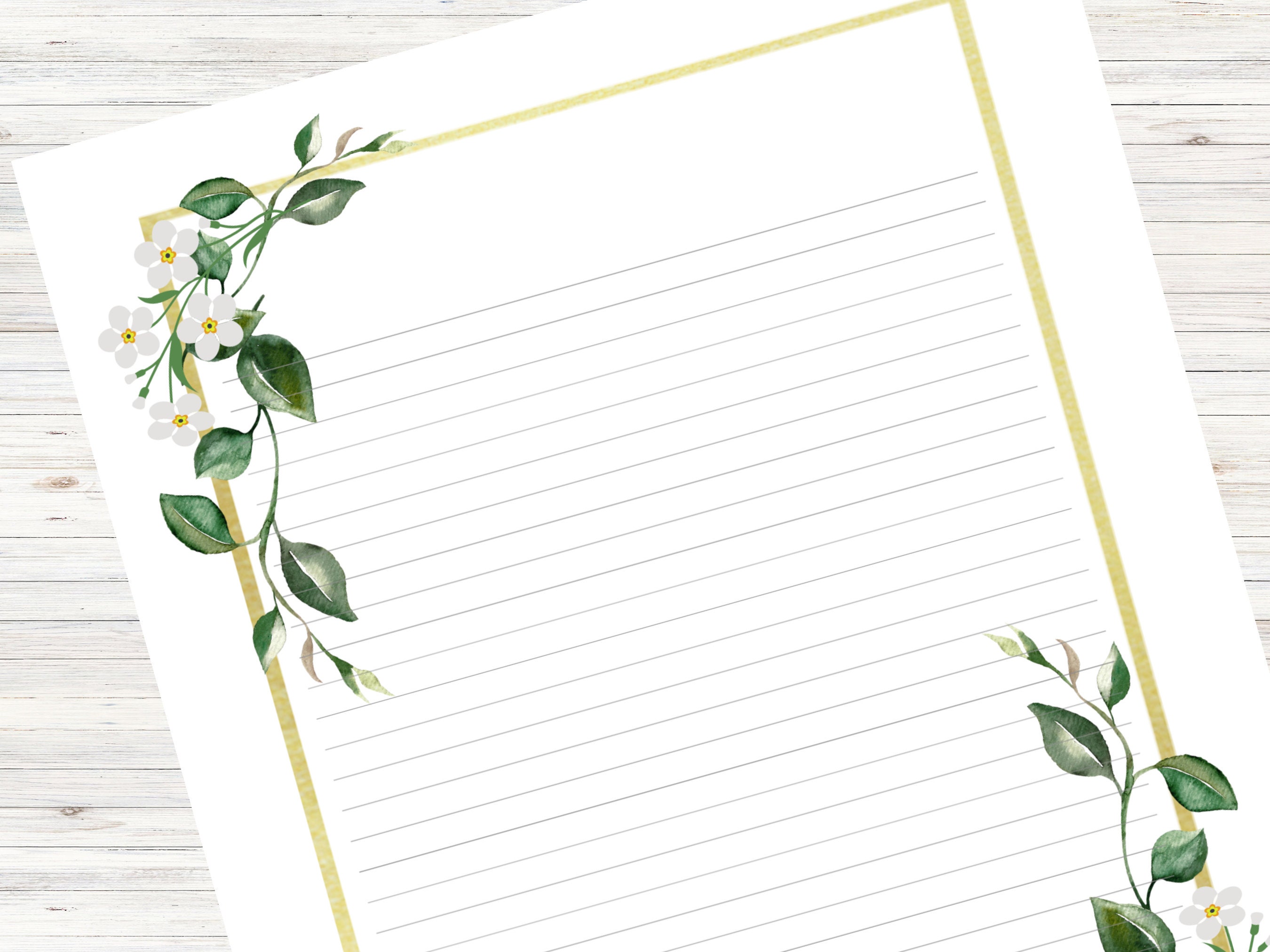Elegant Floral Printable Writing Paper, Green and Gold Frame Use for ...