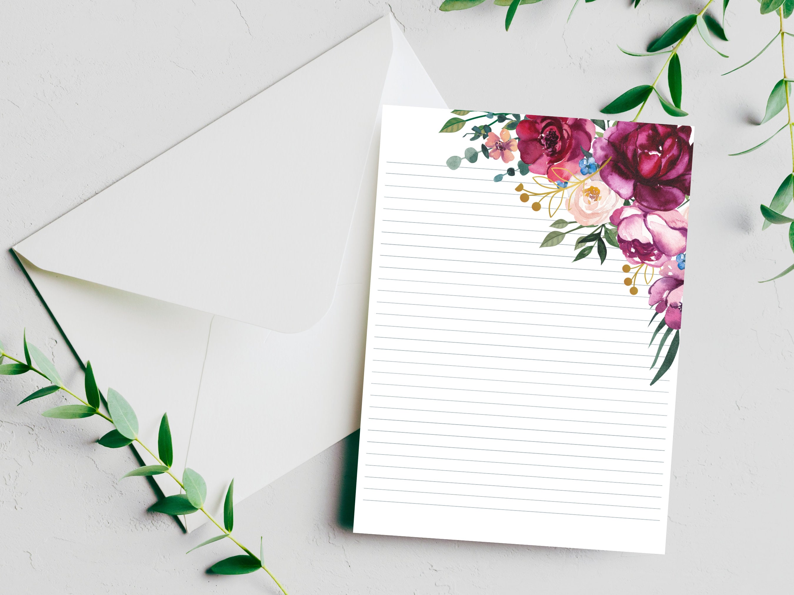 Plum Floral Writing Paper Printable Letter Paper Lined and Unlined ...