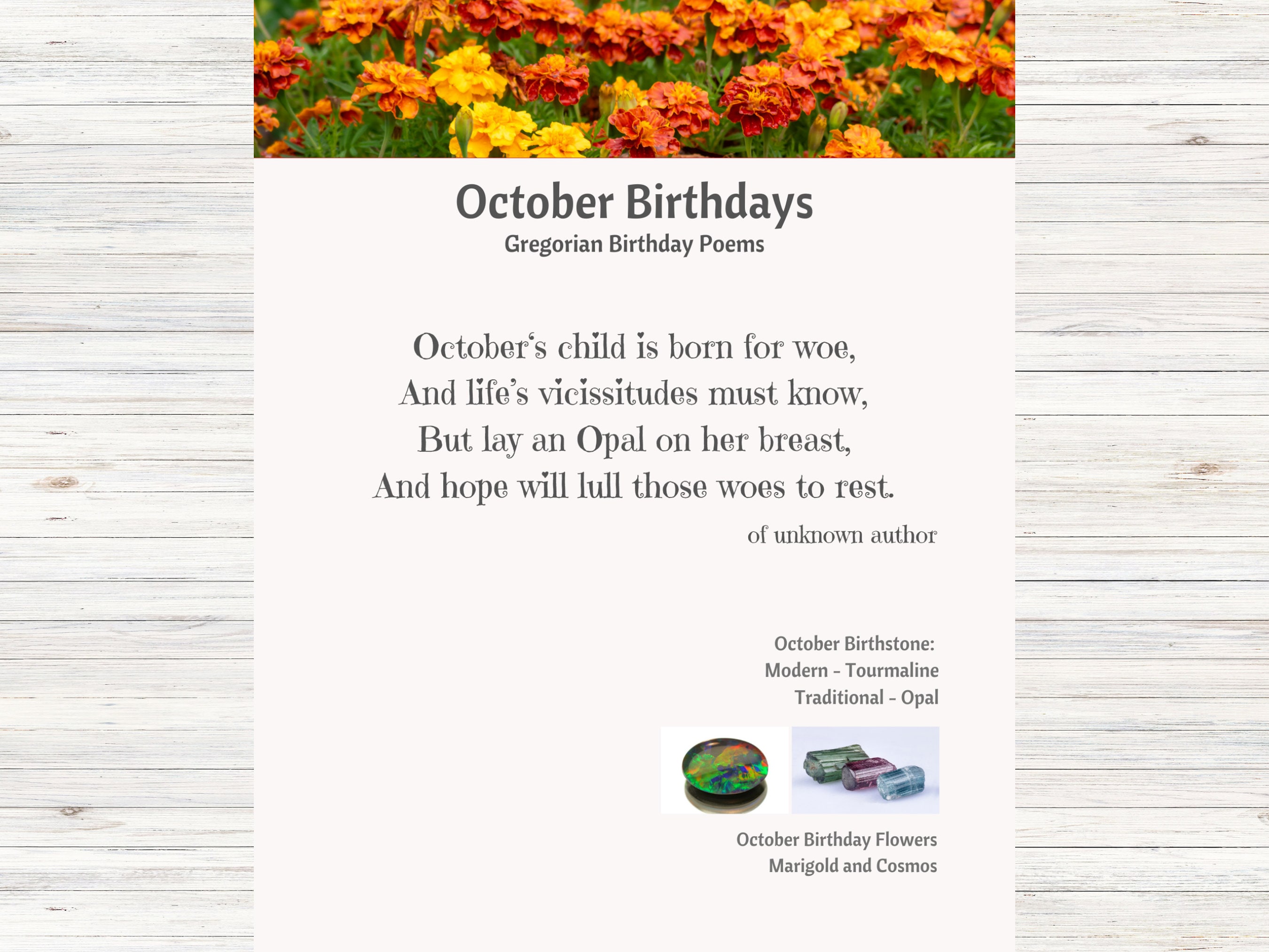 October Birth Month Flowers Printable Birthstone Poem October Birthday ...