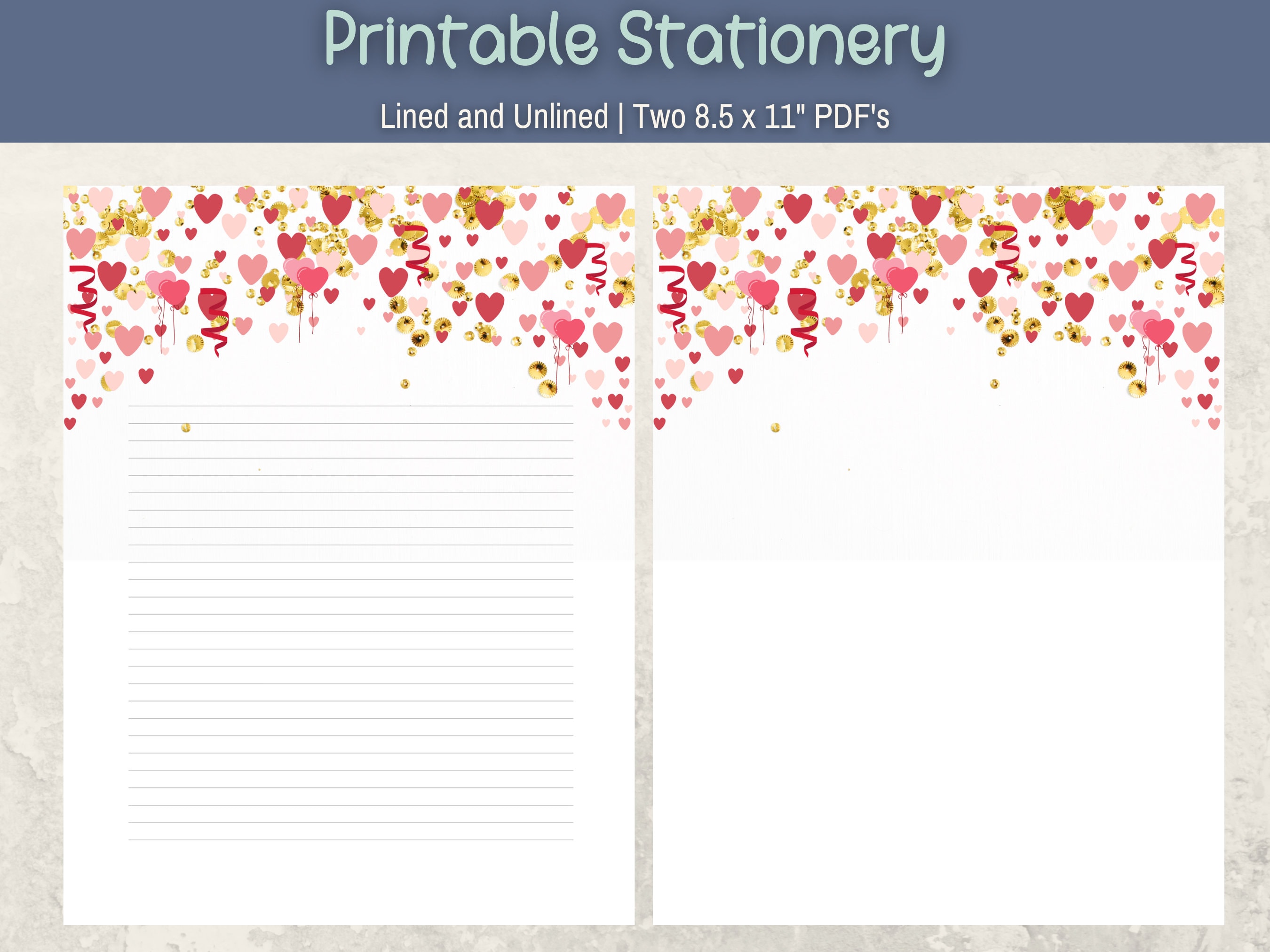 Hearts Stationery Printable Paper, Letter Writing Journal Pages, Hearts ...