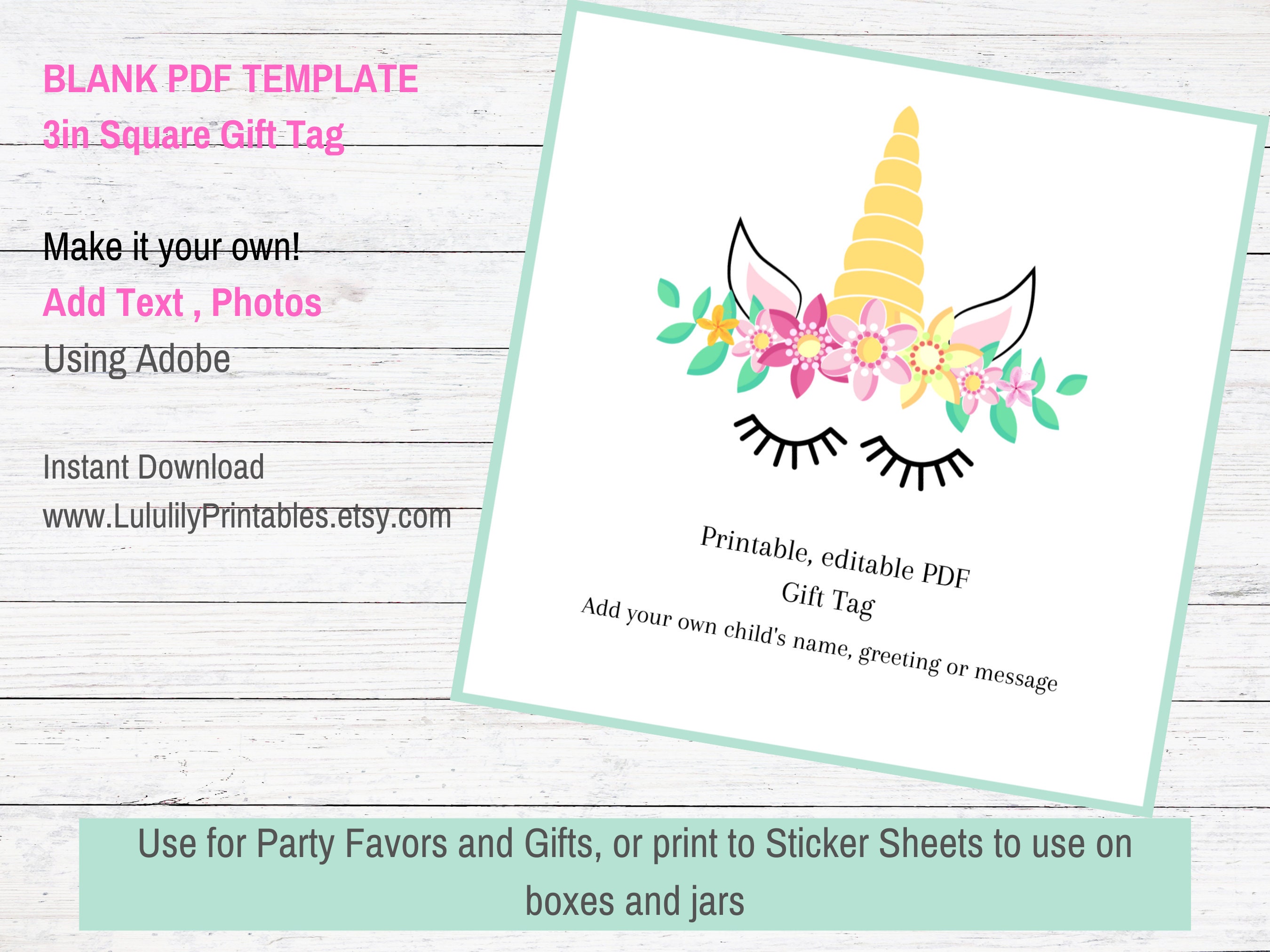 Unicorn Editable Gift Tags PDF Printable Gift or Favor Tags Size 3x3 ...
