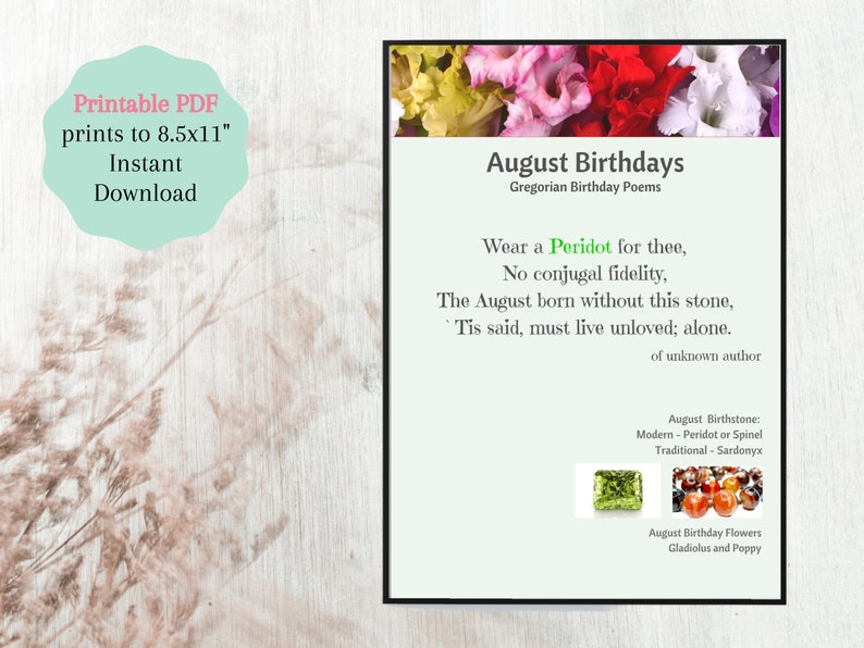 August Birth Month Flowers Birthday Gift Birthday Poem - Etsy