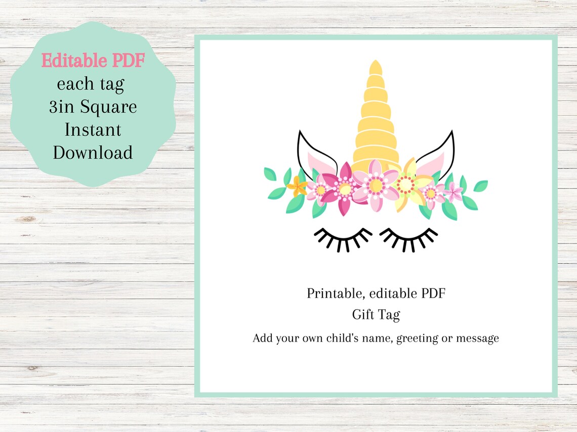 Unicorn Editable Gift Tags PDF Printable Gift or Favor Tags Size 3x3 ...