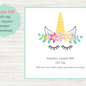 Unicorn Editable Gift Tags PDF Printable Gift or Favor Tags Size 3x3 ...