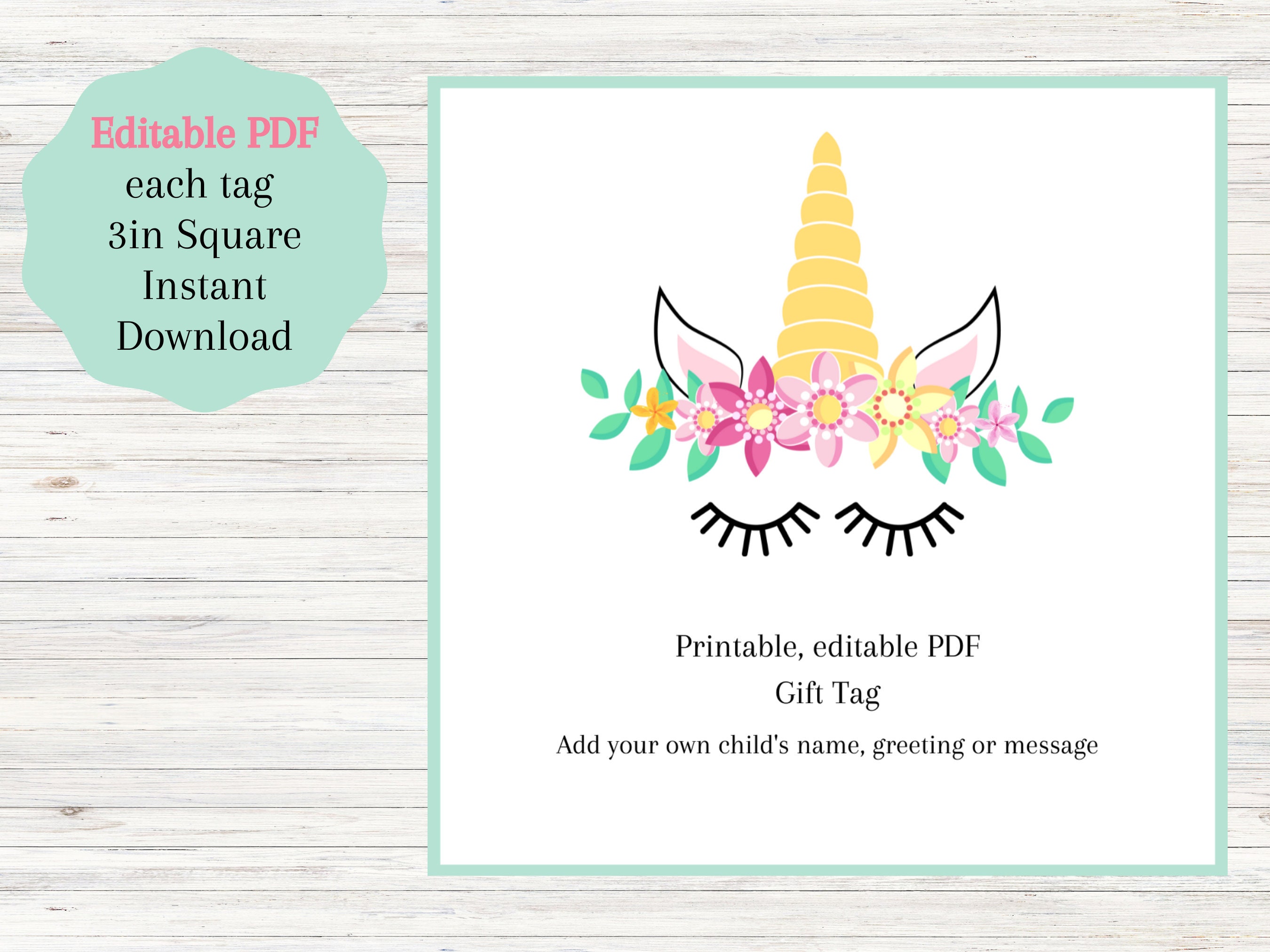 Unicorn Editable Gift Tags PDF Printable Gift or Favor Tags Size 3x3 ...