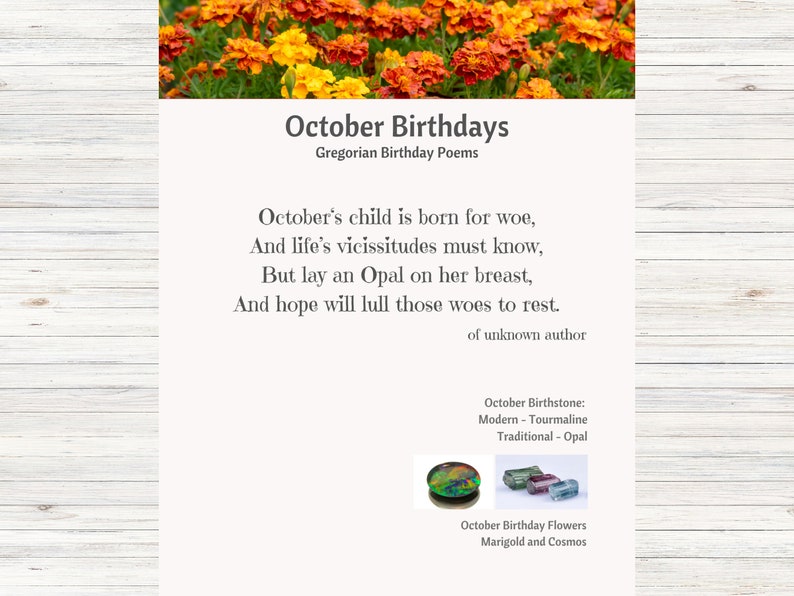 October Birth Month Flowers Printable Birthstone Poem October Birthday ...