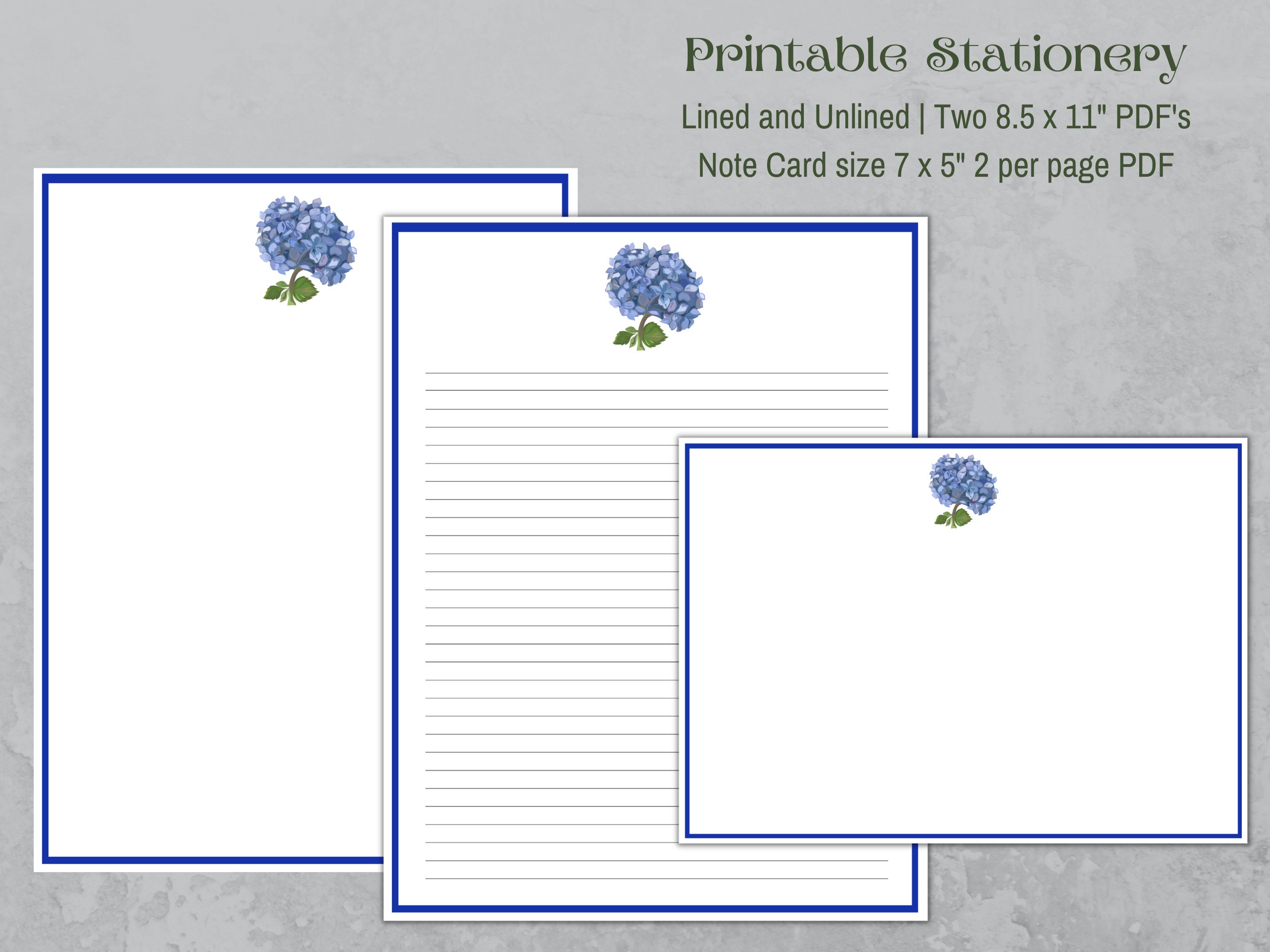 Blue Hydrangea Printable Paper Letter Writing Thank You Notes Journal ...