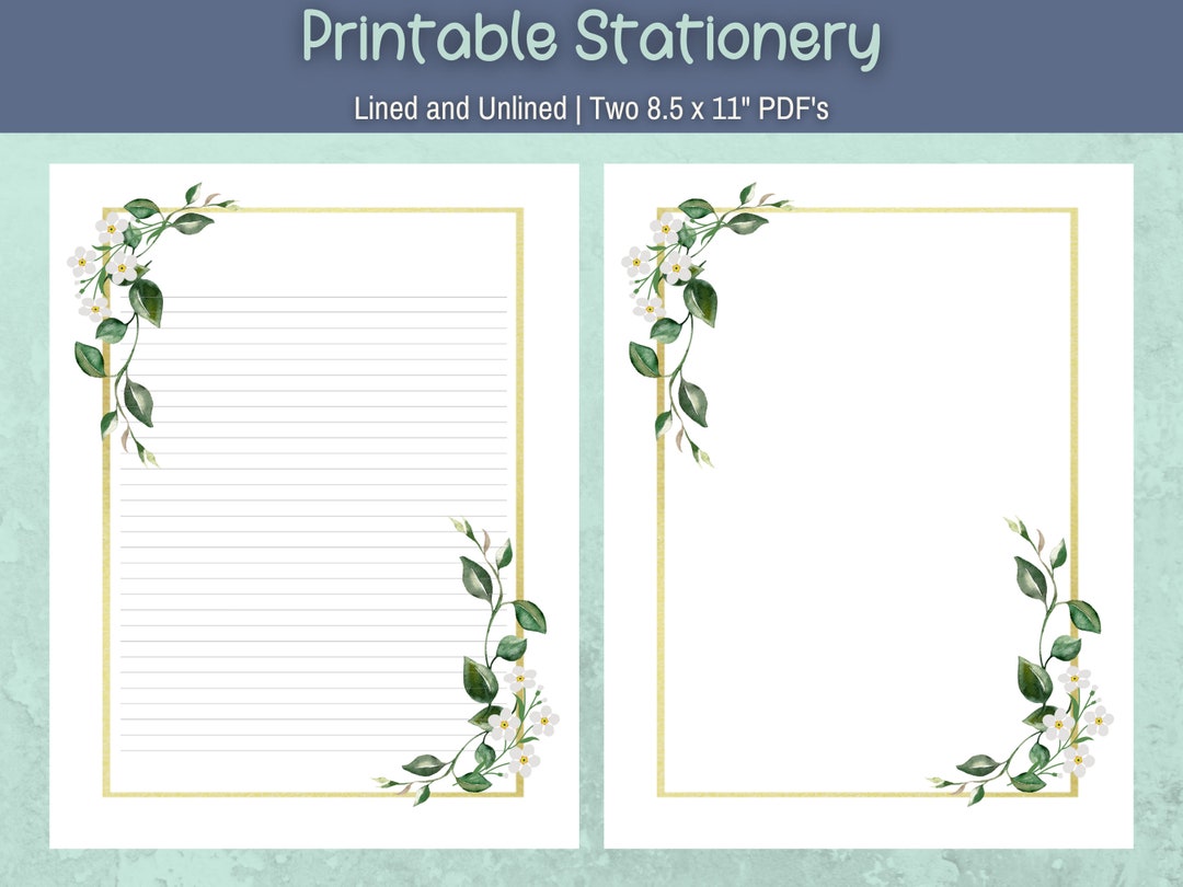 Elegant Floral Printable Writing Paper, Green and Gold Frame Use for ...