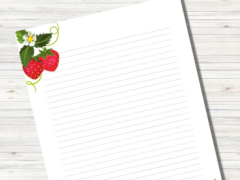 Strawberries Printable Note Paper Strawberry Stationery Lined and ...