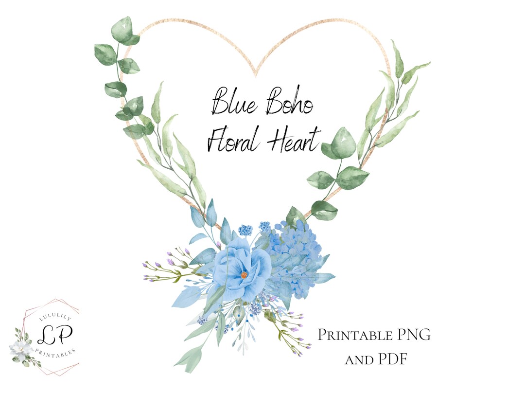 Blue Flowers, Blue Heart Frame, Floral Clipart, Perfect Graphic for ...