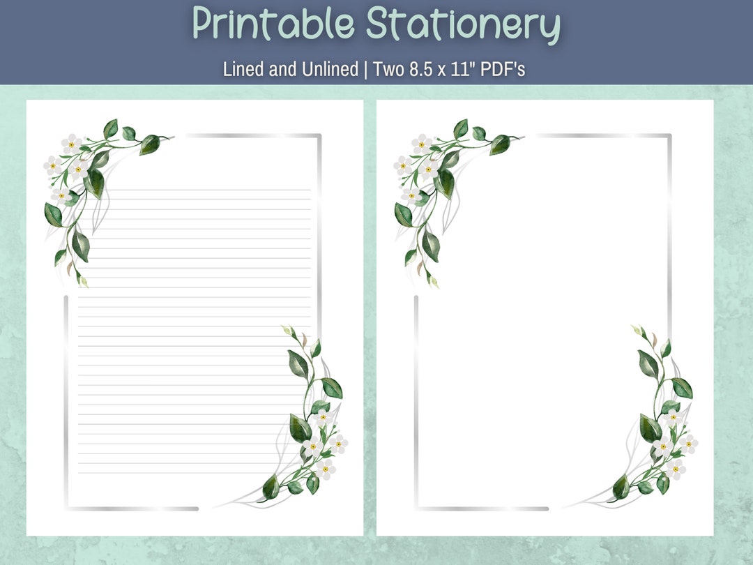 Elegant Floral Printable Writing Paper Green and Silver Frame Use for ...