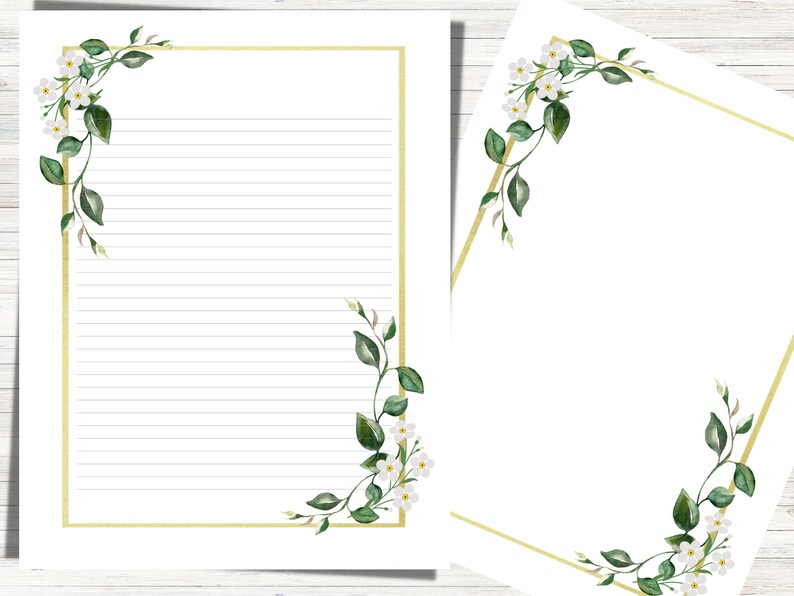 Elegant Floral Printable Writing Paper Green and Gold Frame | Etsy
