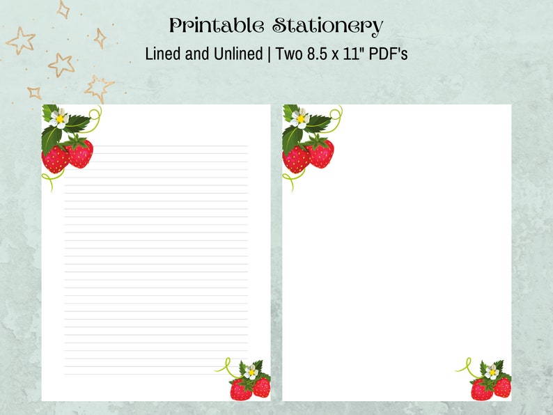 Strawberries Printable Note Paper Strawberry Stationery Lined and ...