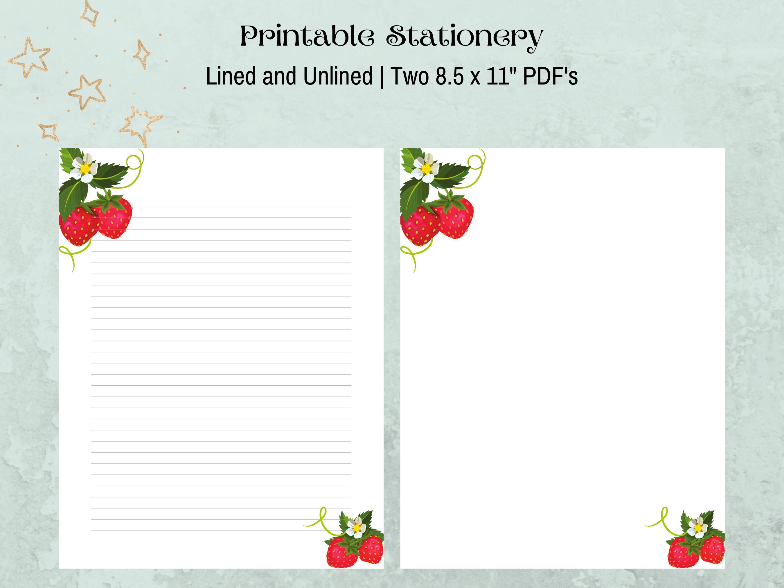 Strawberries Printable Note Paper Strawberry Stationery Lined and ...