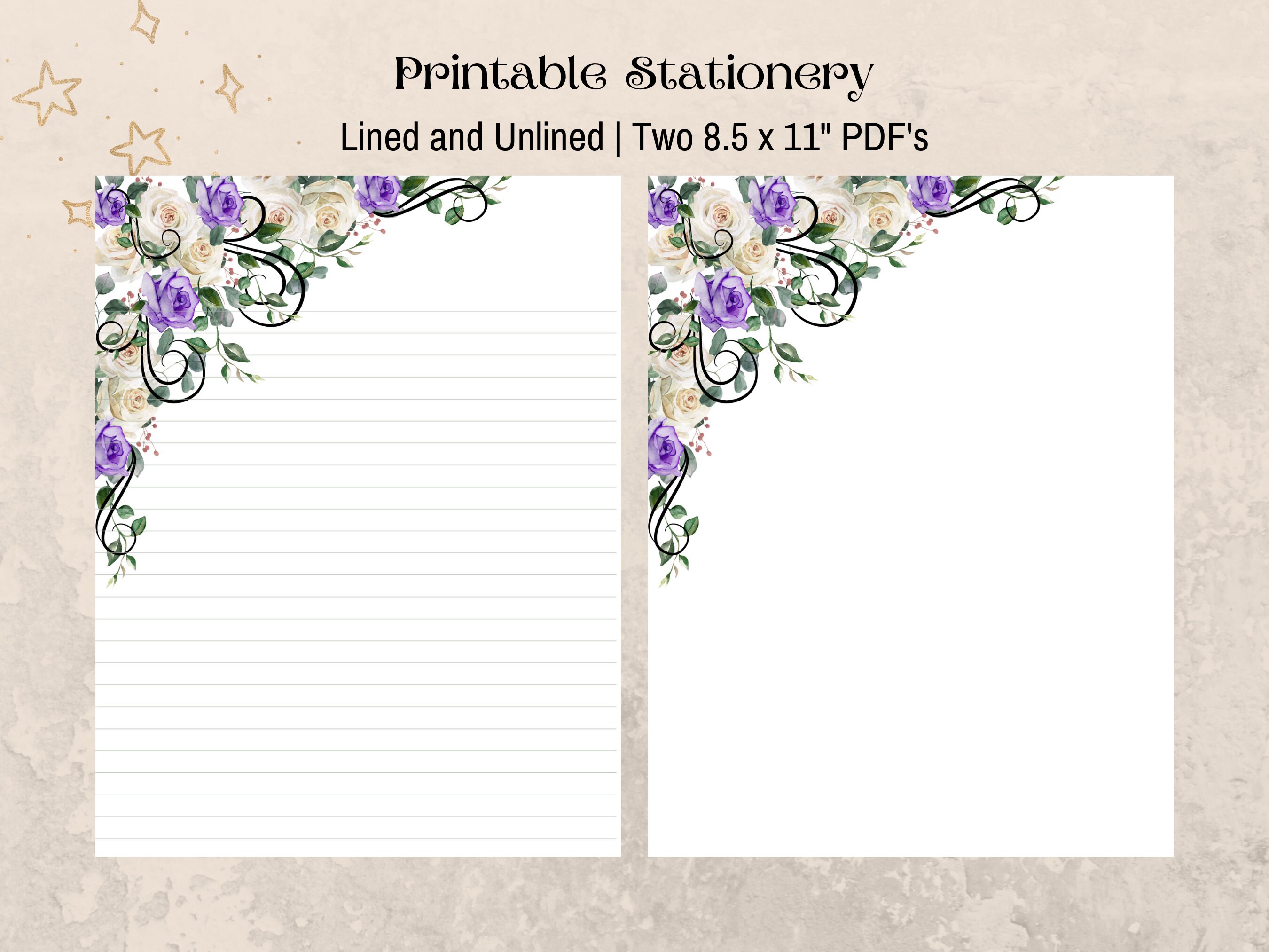 Printable Botanical Floral Stationery Note Paper in Purple and Black - Etsy