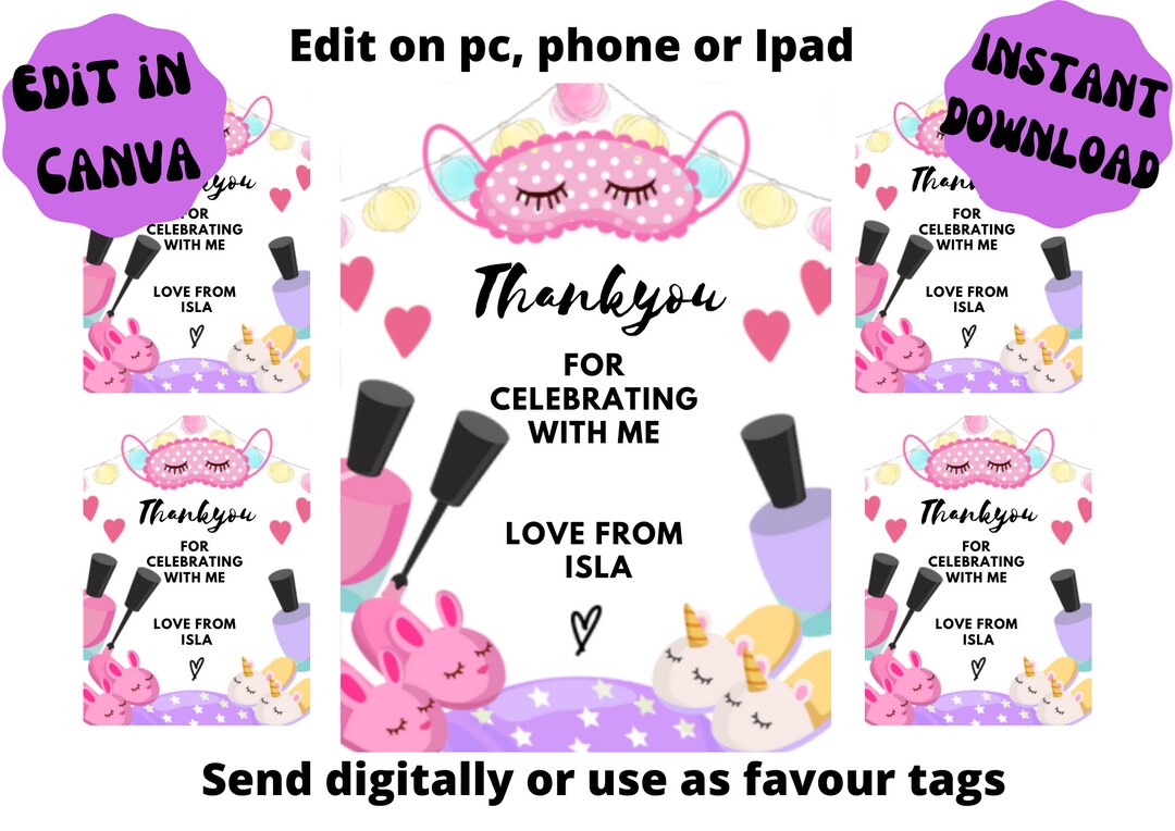 Editable Sleepover Thankyou Tag Slumber Party Gift Tags Thank You Tags ...