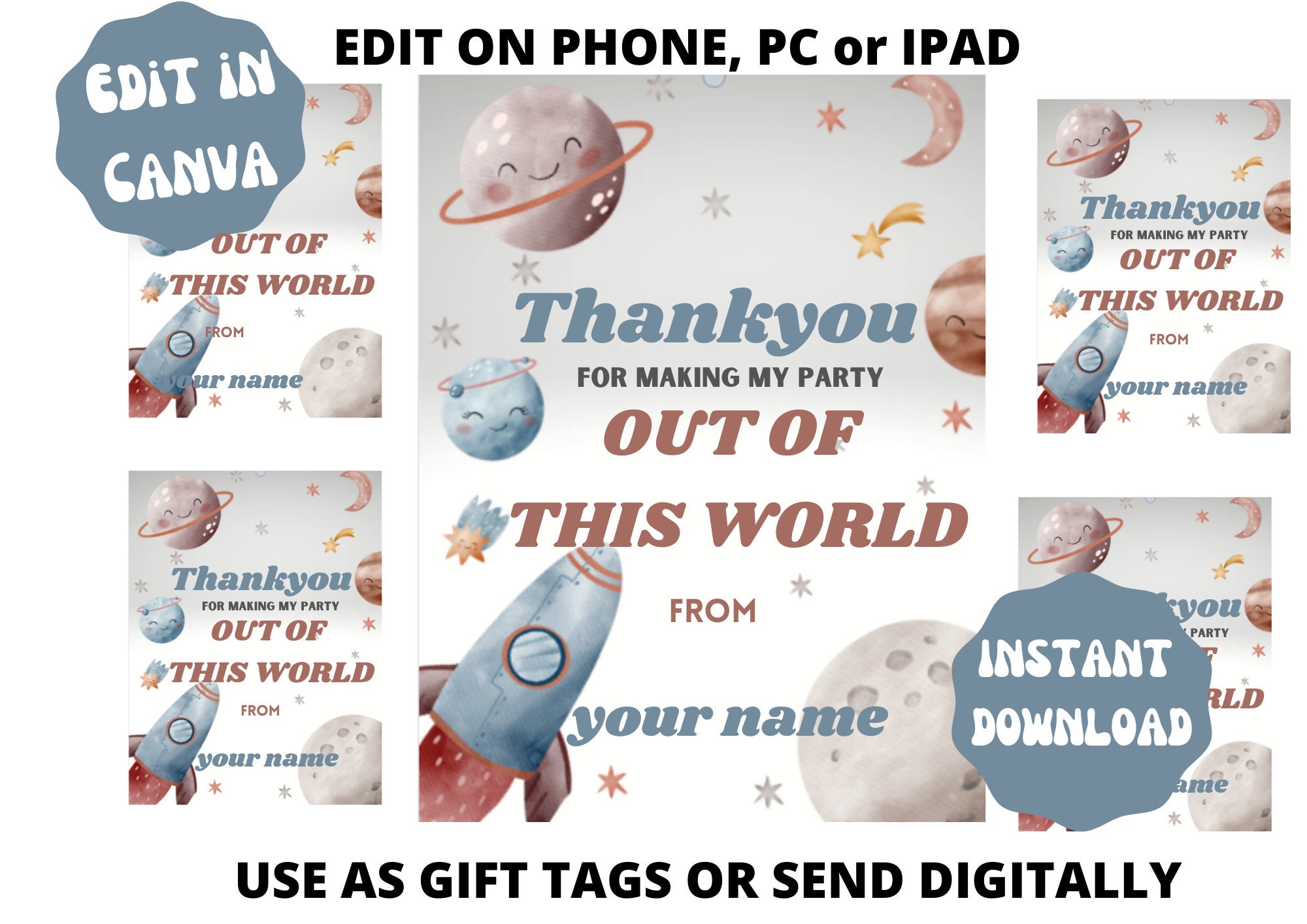 EDITABLE Space Birthday Tags Thank You Out of This World - Etsy