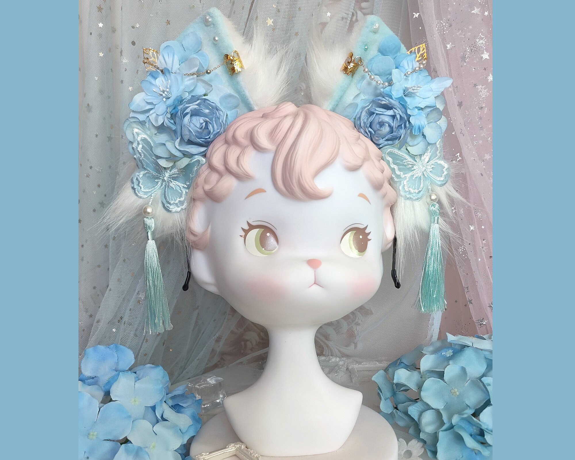 Blue Fox Ears，cute Luxury Realistic Flower Cat Ears Headband,halloween ...