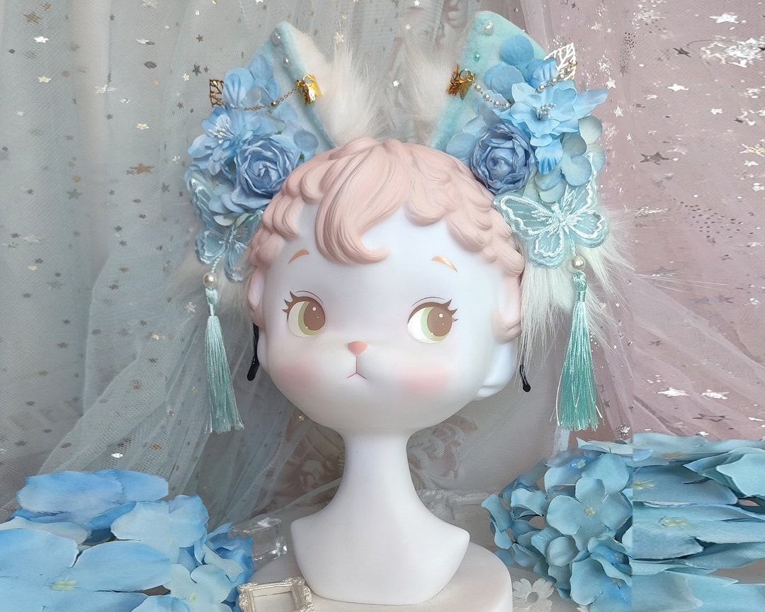Blue Fox Ears，cute Luxury Realistic Flower Cat Ears Headband,halloween ...