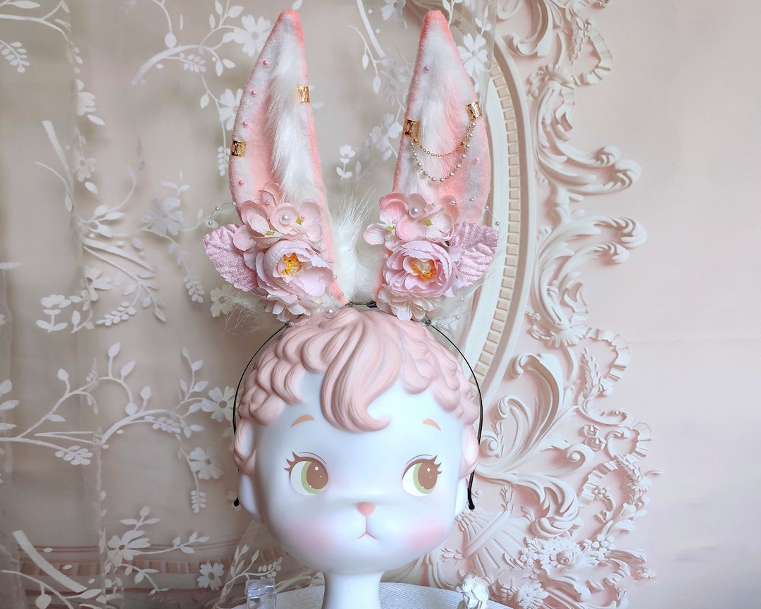 Pink Flower Rabbit Ears，cute Luxury Hare Donkey Ears Headband,halloween ...