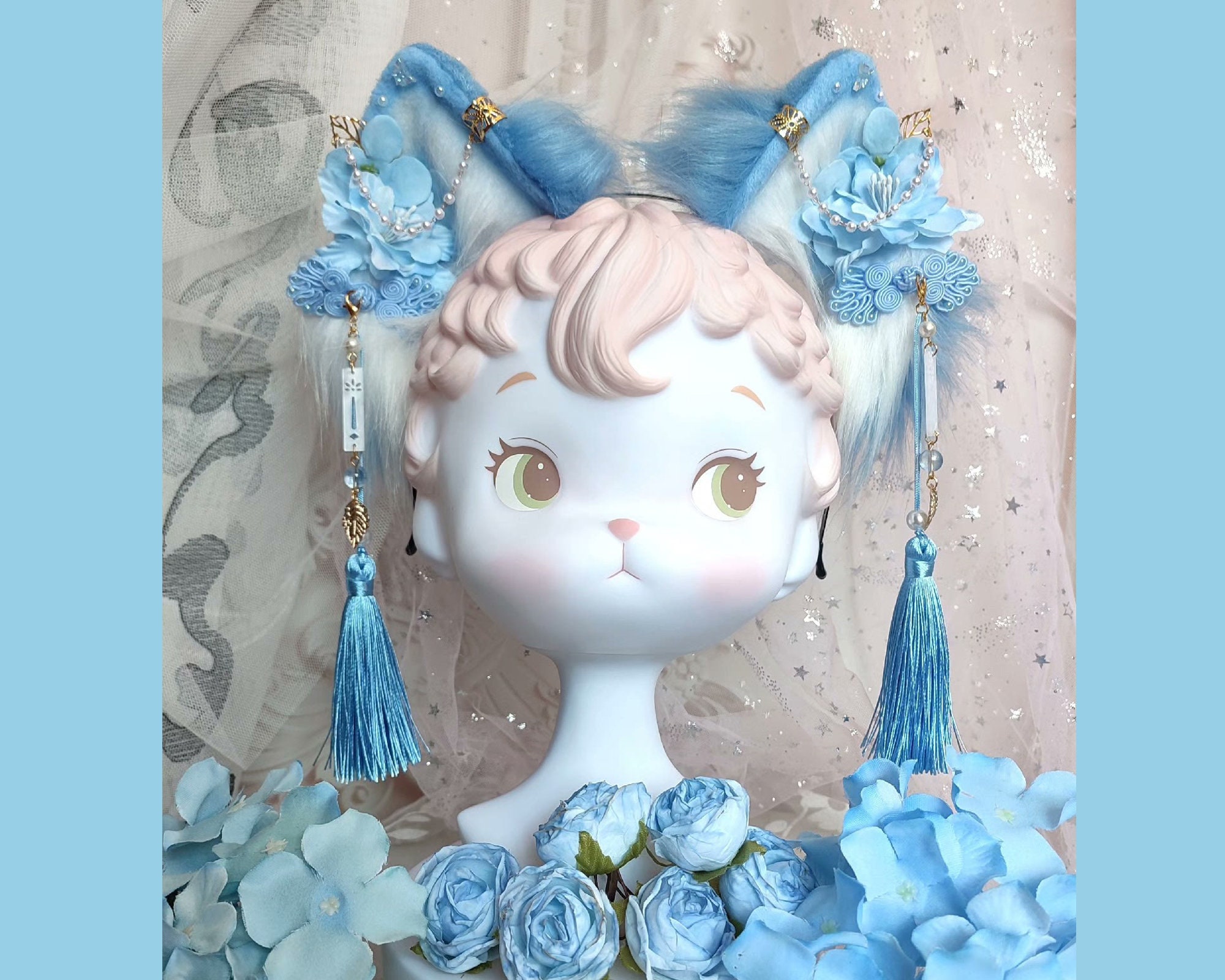 Blue Flower Cat Earscute Luxury Realistic Fox Ears Headband,halloween ...