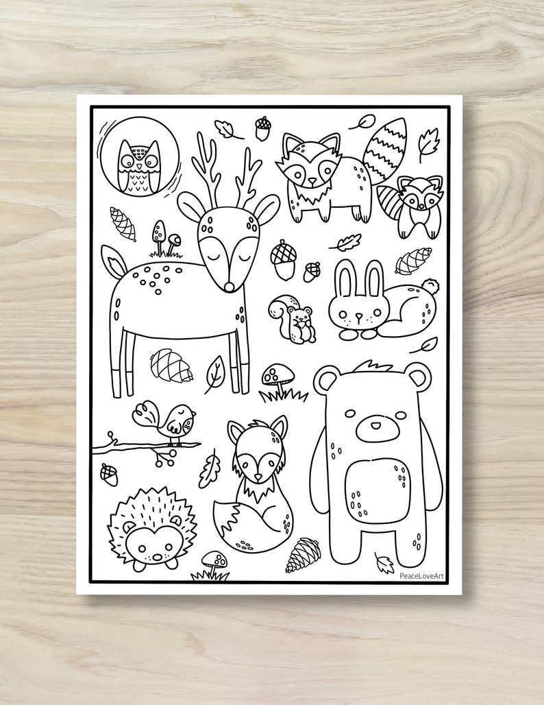 Woodland Creatures Coloring Page - Etsy