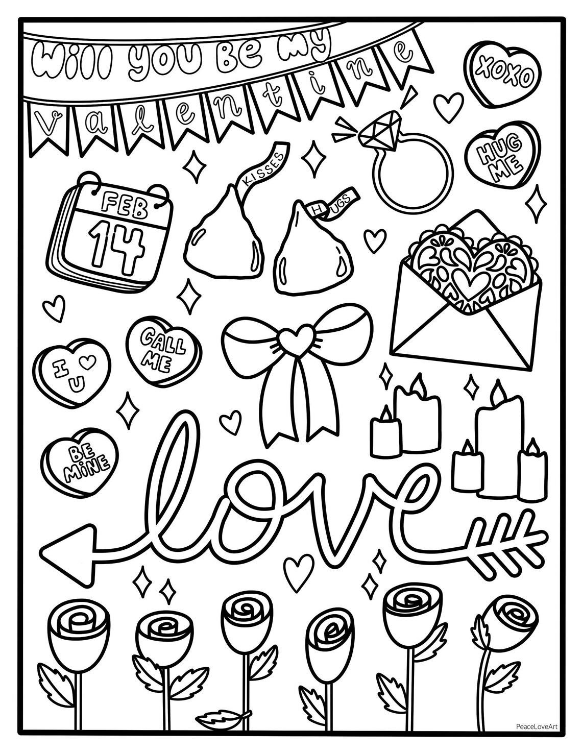 Valentine's Day Hand Drawn Coloring Page - Etsy