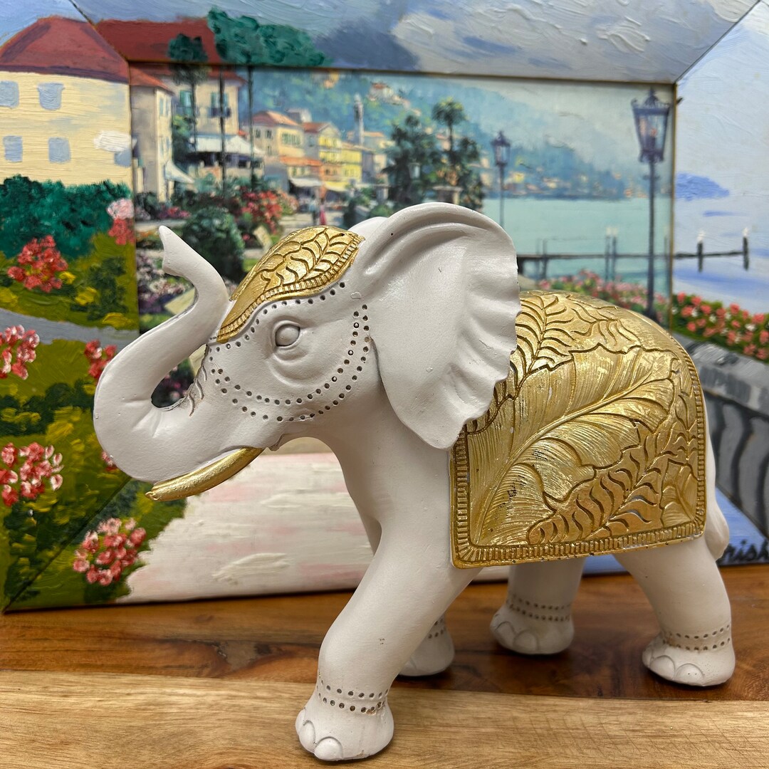 Elephant Statue, Elephant Figurine, White and Gold Elephant Room Decor ...