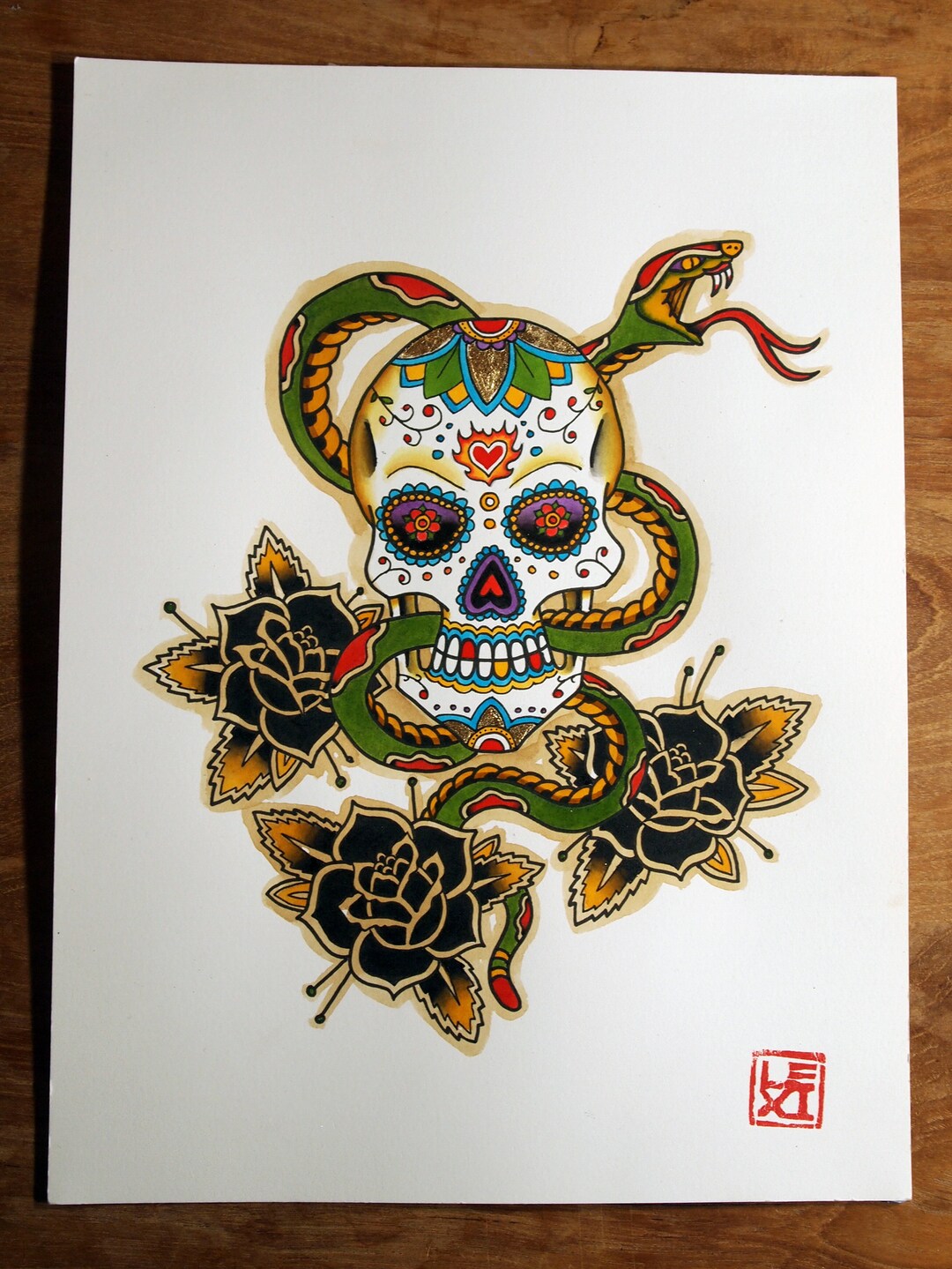 Candy Skull / Snake Traditional Tattoo Flash - Hand Painted and Gilded ...