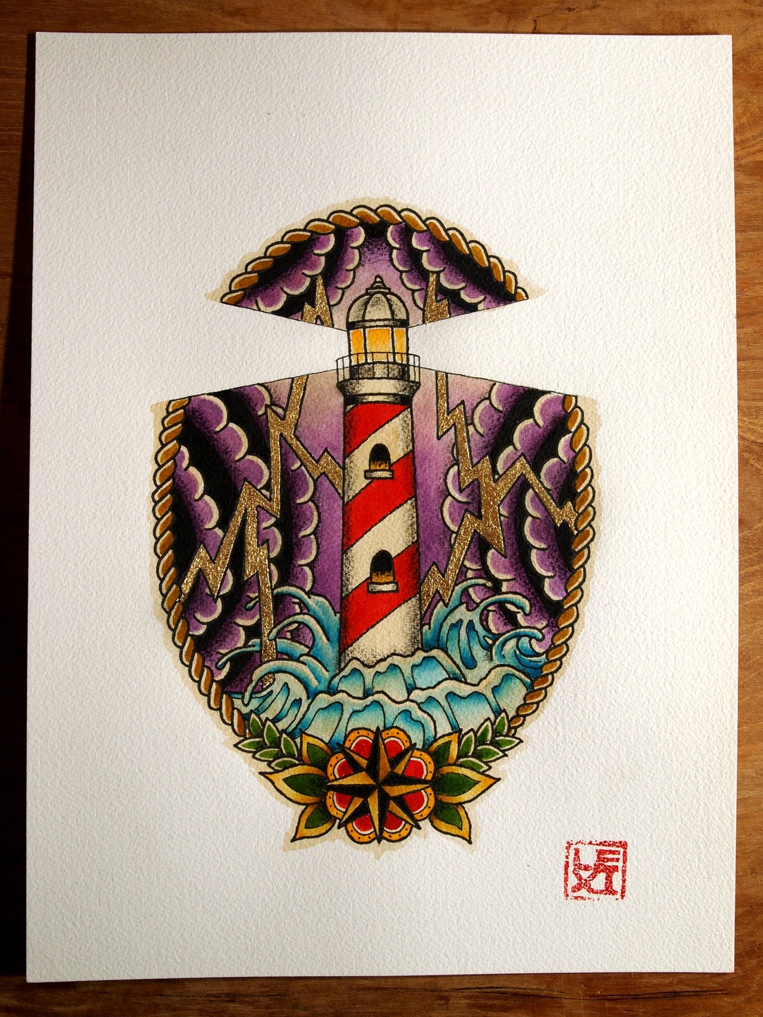 Lighthouse Traditional Tattoo Flash - Hand Painted and Gilded to Order ...
