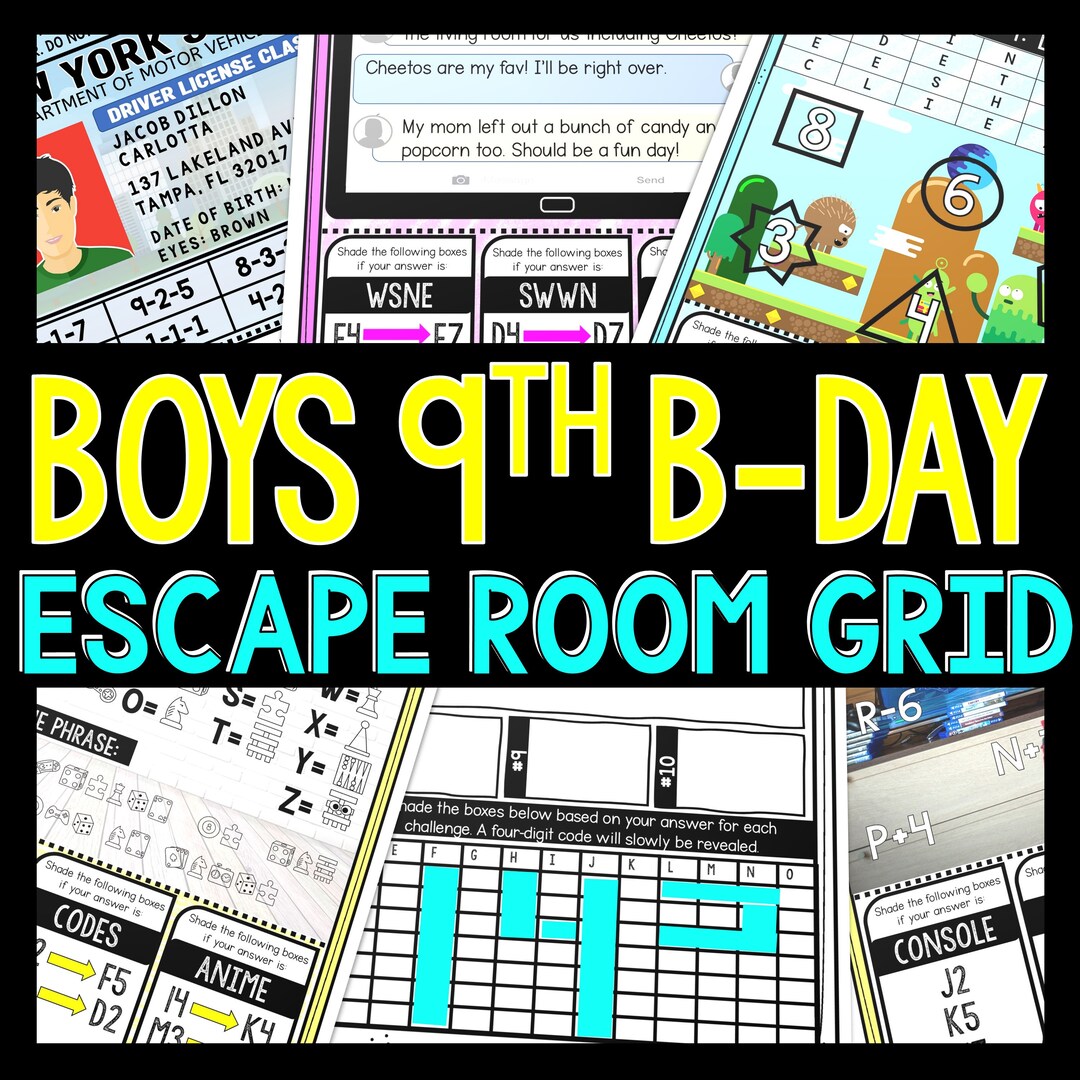 Boys 9th Birthday Party Escape Room GRID for Kids, Printable Party Game ...