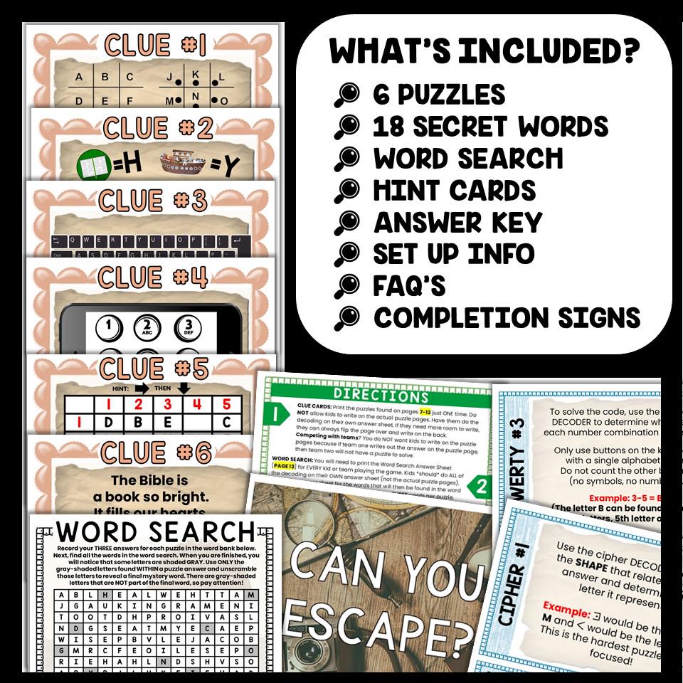 Bible Escape Room Word Search, Printable Party Game for Kids, Puzzles ...