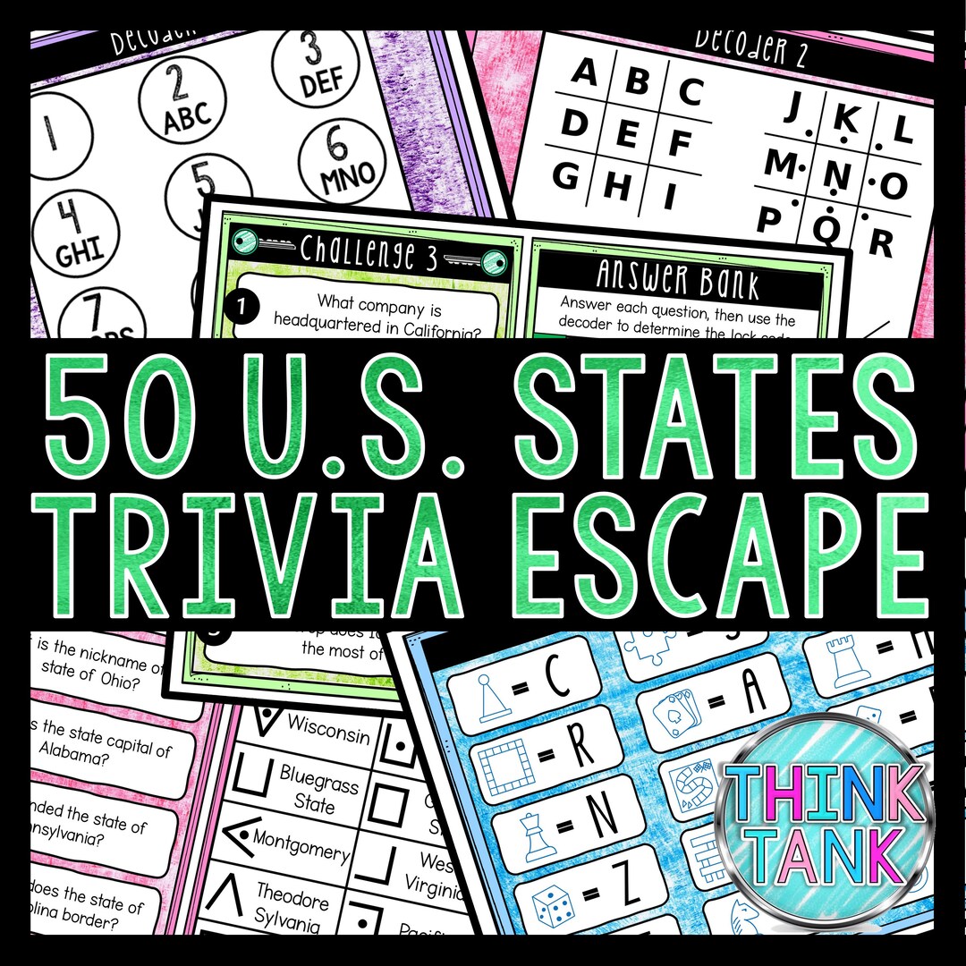 50 U.S. States Trivia Game, Escape Room for Kids, Printable Party Game ...