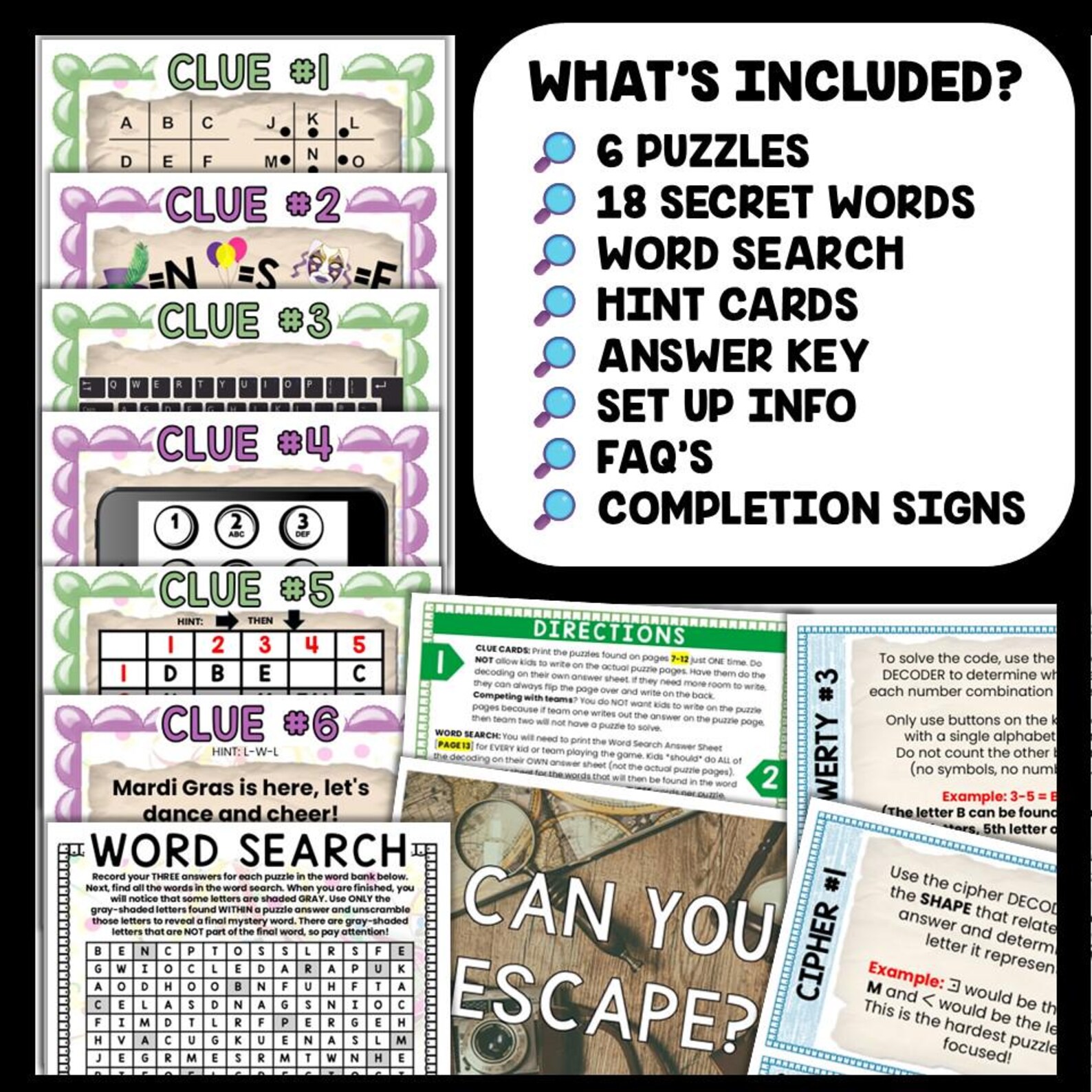 Mardi Gras Escape Room Word Search, Printable Party Game for Kids ...