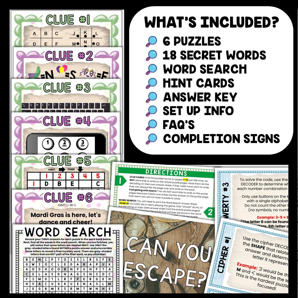 Mardi Gras Escape Room Word Search, Printable Party Game for Kids ...