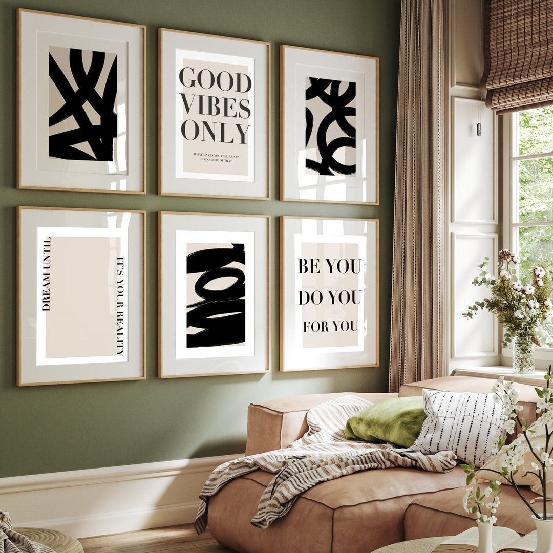 Set of 6, Geometric Abstract Art, Black Neutral Beige, Good Vibes Only ...