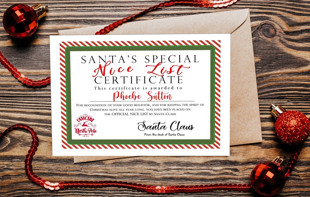 Santa’s Nice List Certificate, Father Christmas Nice List, Magical ...