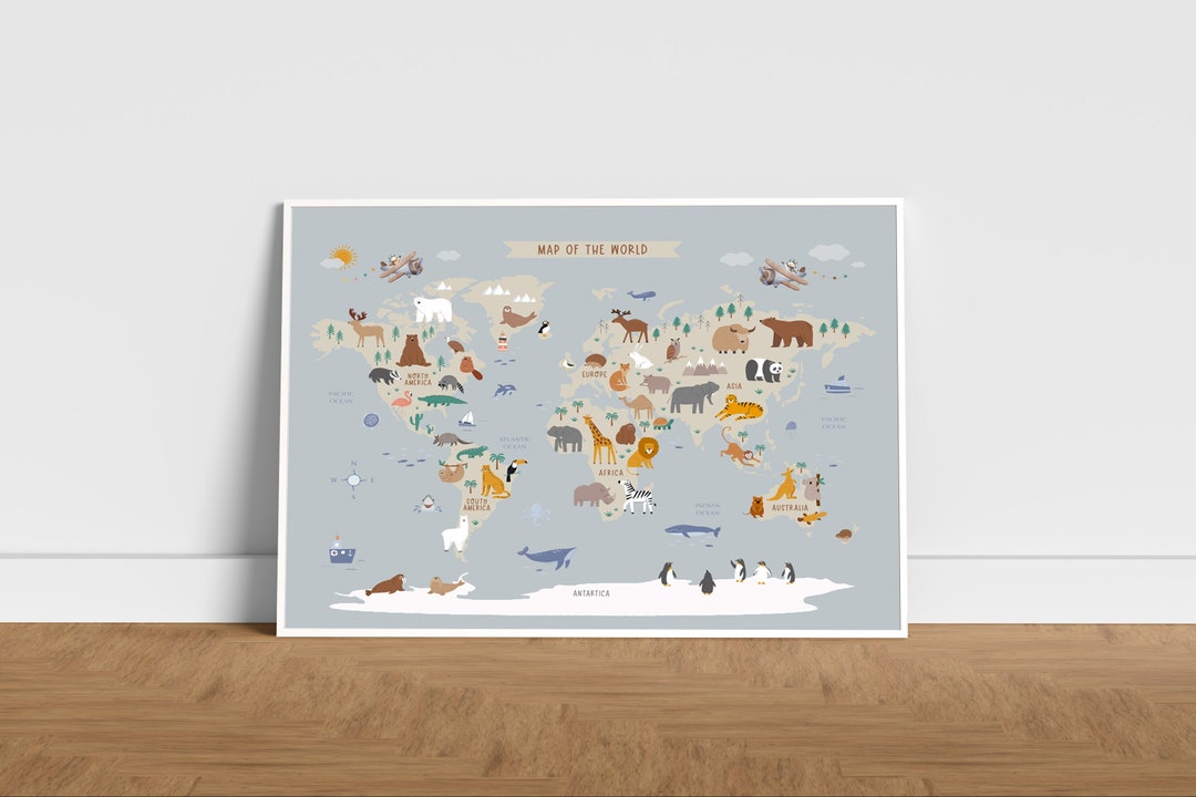 Animal World Map, Nursery Print, Kids Bedroom Maps, Animals of the ...