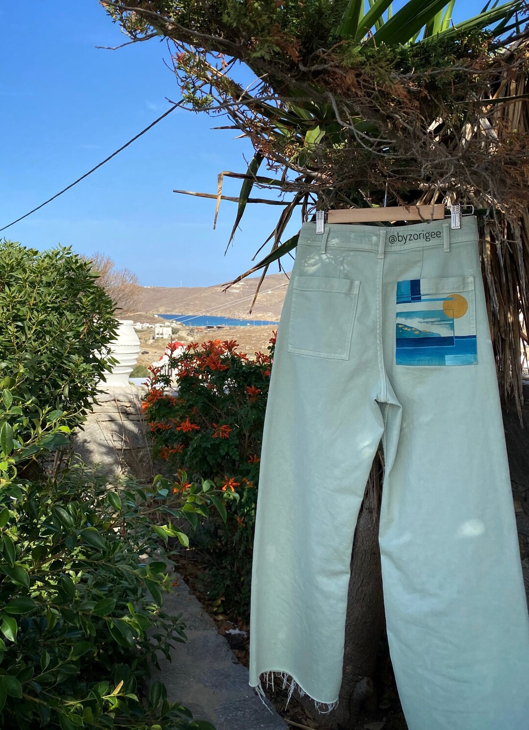 100% Hand-painted High-rise Straight Jeans “aegean Breeze” - Etsy