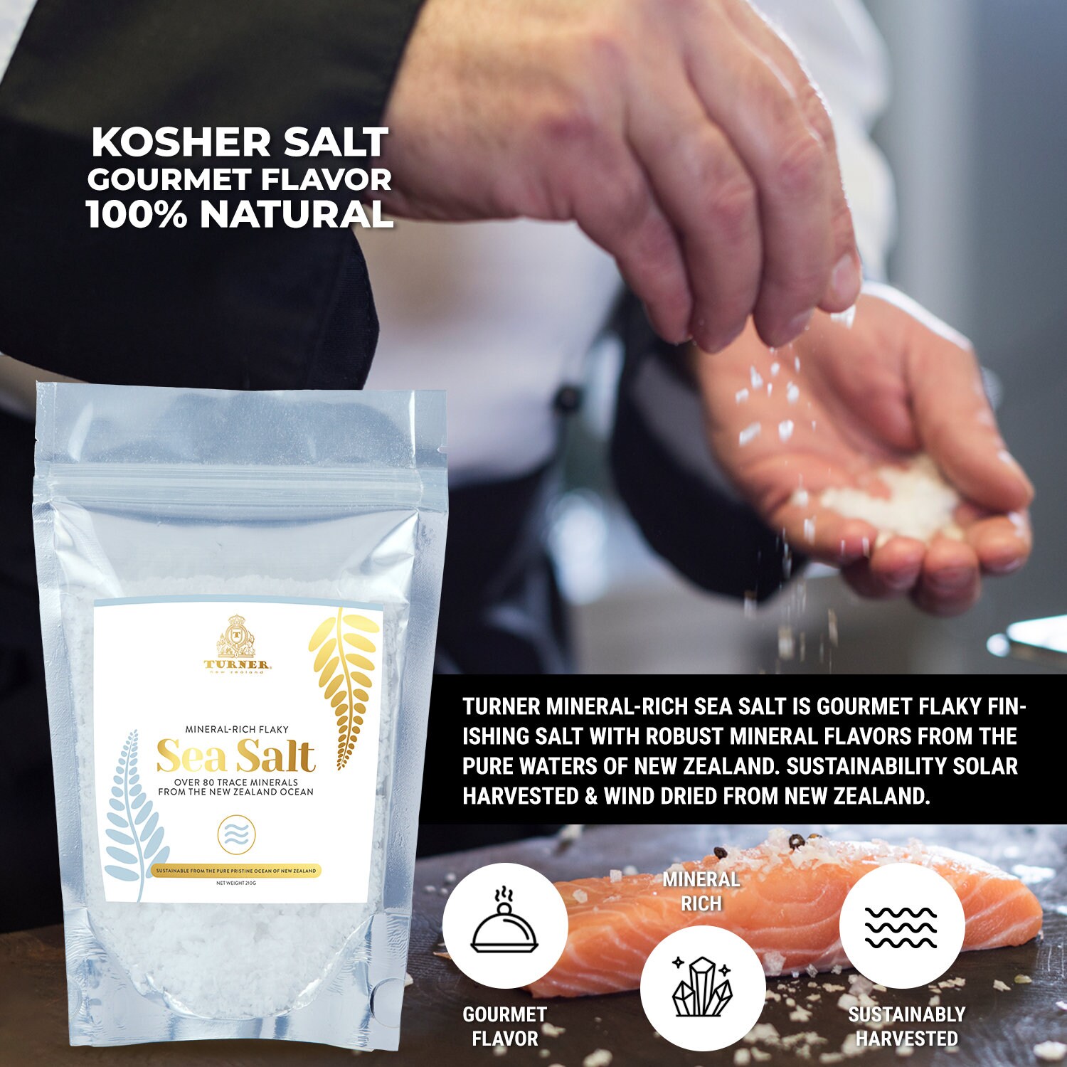 TURNER Flaky Sea Salt, 7.4 Ounces of Premium Gourmet Sea Salt Flakes ...